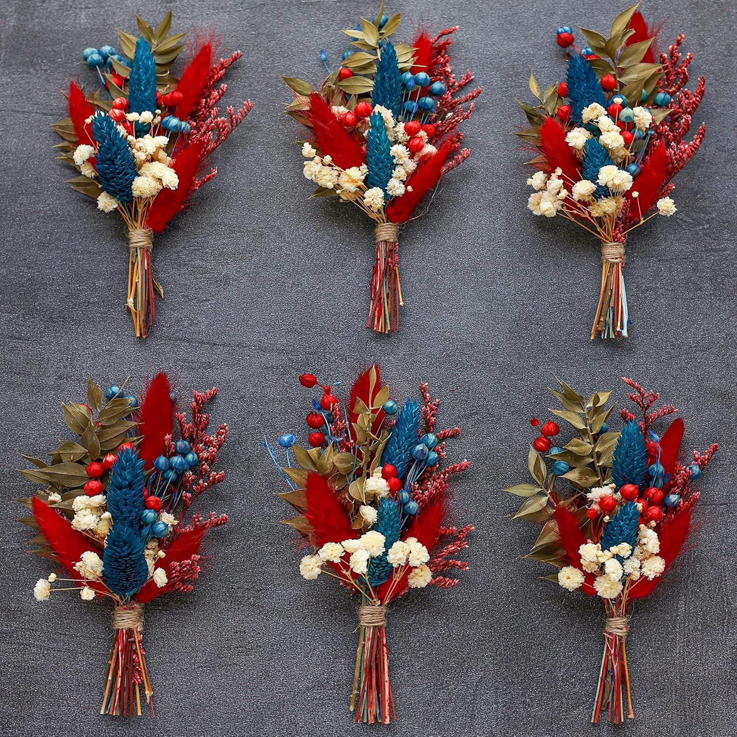 AAQFlower Mini Dried Flower Bouquet 6 Piece Set, Burgundy Party Favours ...