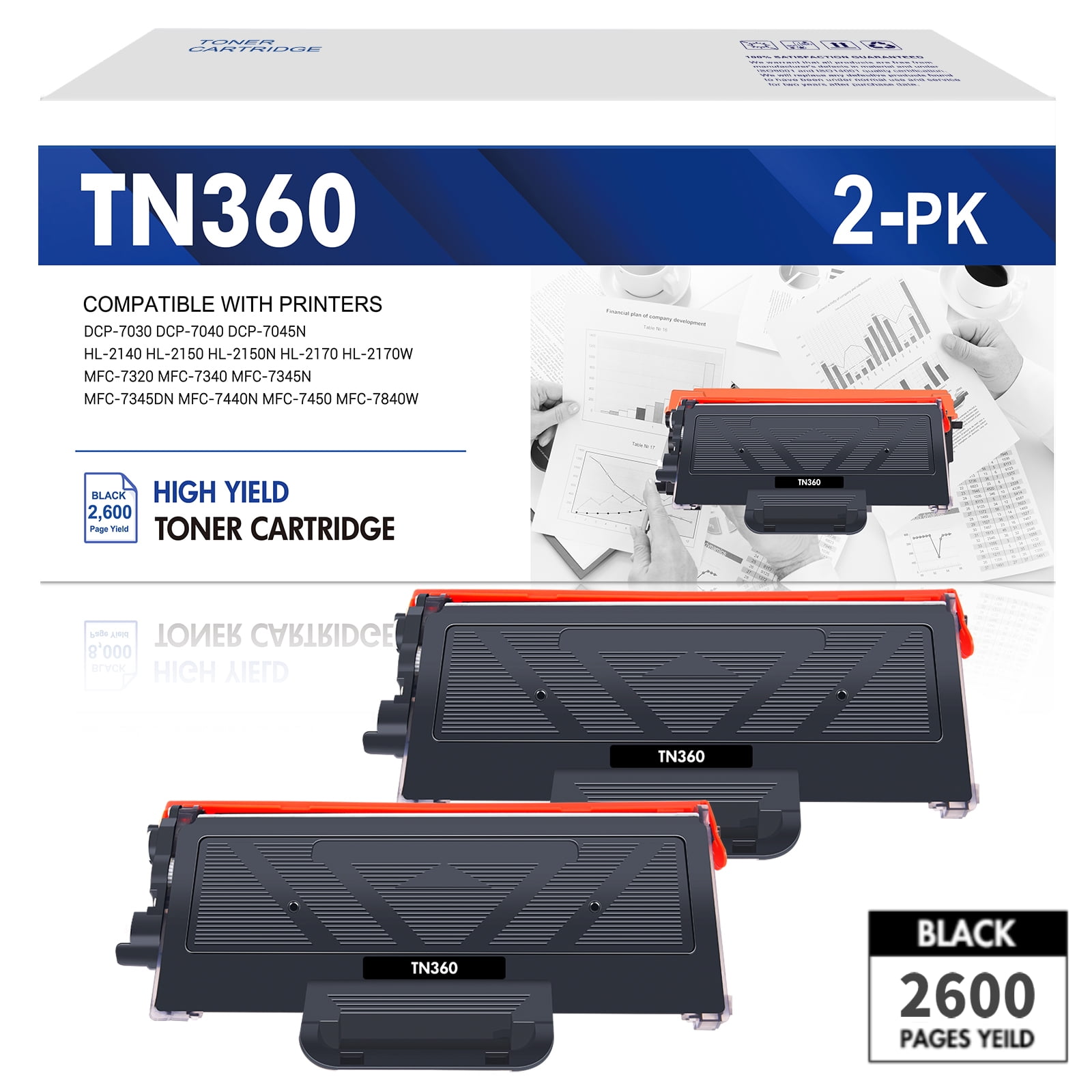 TN360 2-Pack High Yield Compatible Toner Cartridge for Brother TN360 TN-360 TN330 TN-330 to use ...