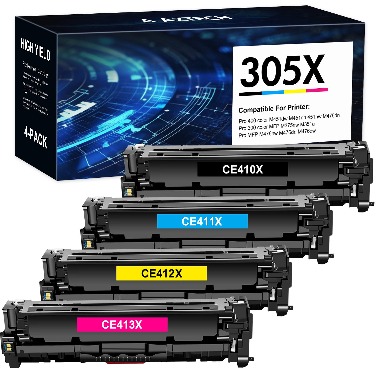 AAZTECH 4-Pack Compatible 305X Toner Cartridge for HP 305A 305X CE410X ...