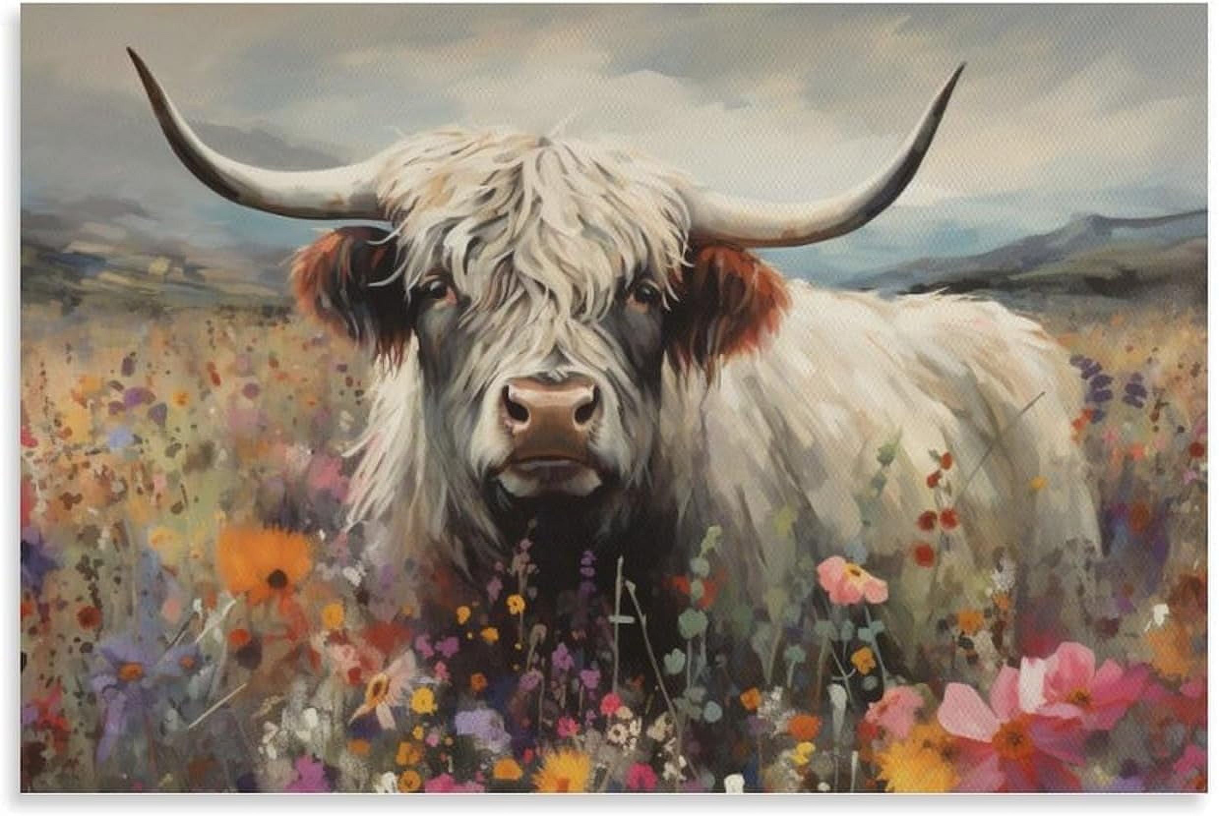 AAposter Animal Cow Posters Canvas Wall Art Flower Staring Decor Wall ...