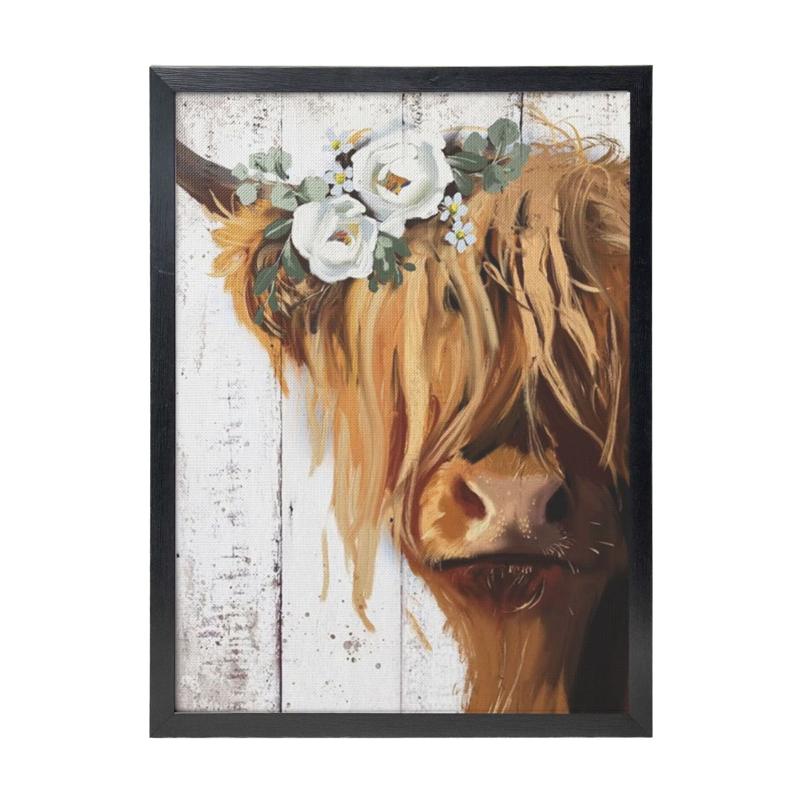 AAposter Highland Cow Canvas Wall Art: Cow with White Flower Picture ...