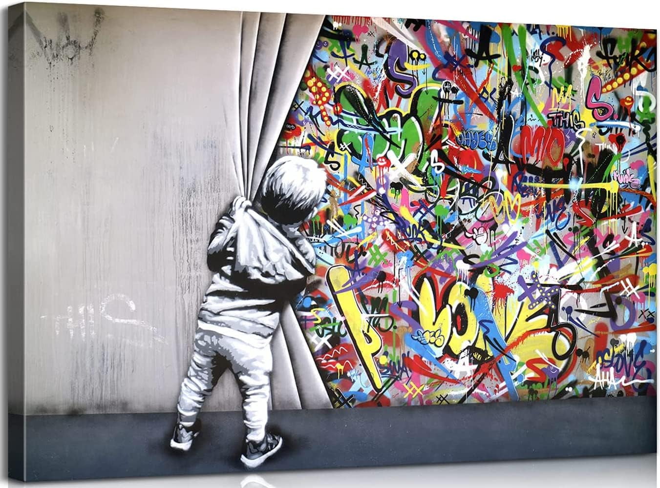 AAzaqTin-Banksy Canvas Graffiti Wall Art Poster Prints A Kid Boy Behind ...