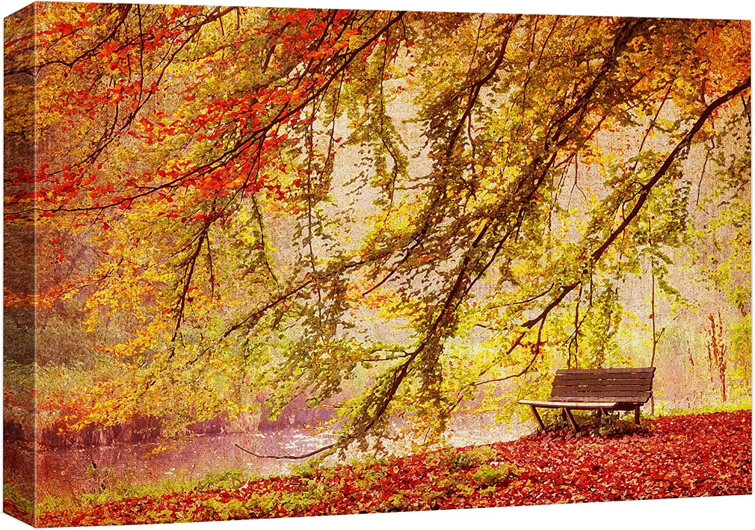 AAzaqTin-Canvas Print Wall Art Watercolor Effect Bench in Autumn Park ...