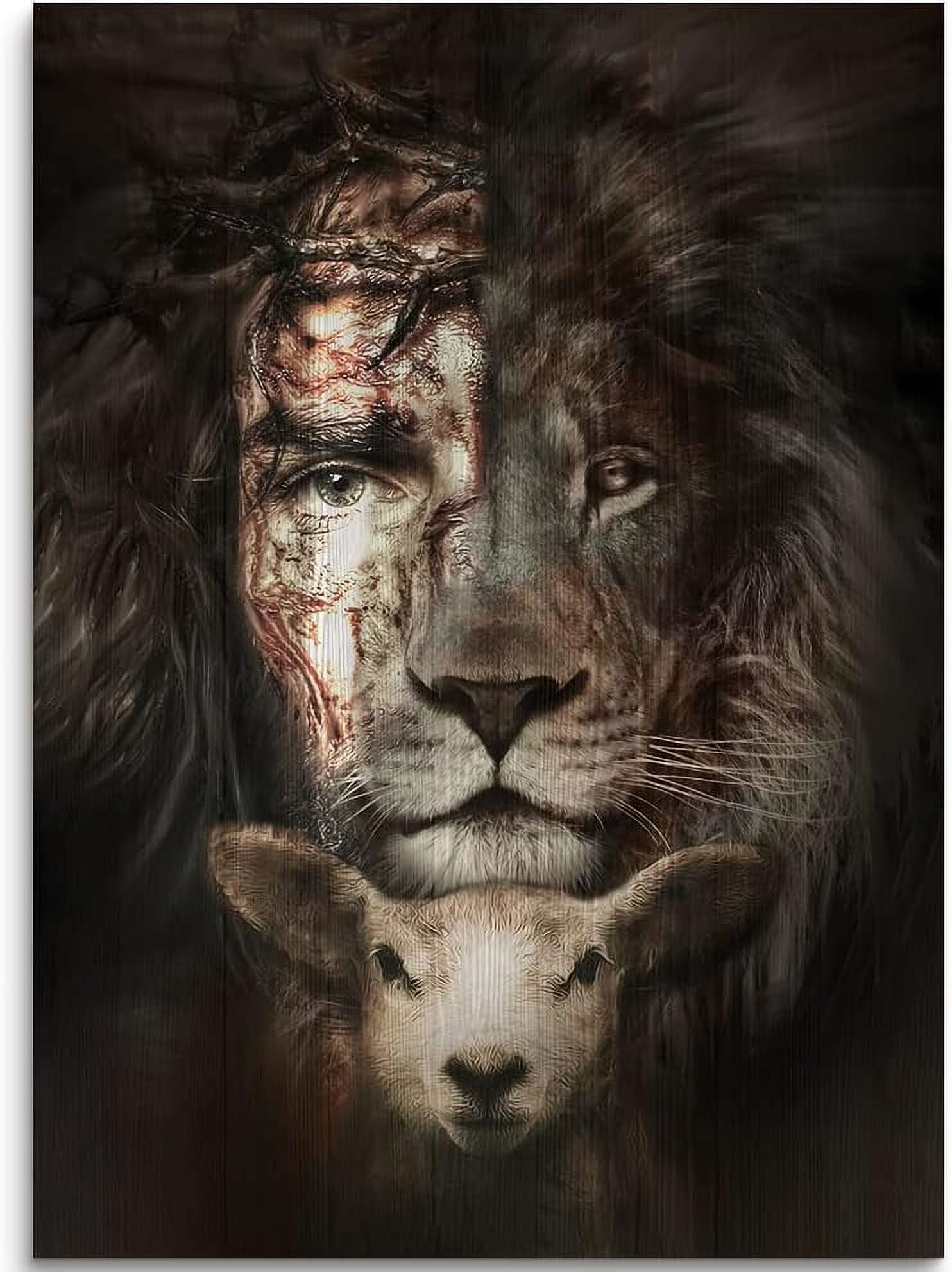 AAzaqTin- Jesus Lion and Lamb Cross Decor Canvas Wall Art Christ ...