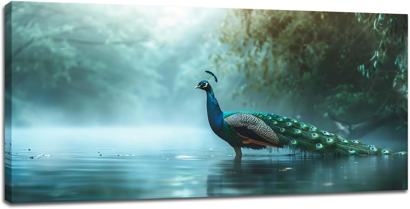 AAzaqTin-Large Turquoise Peacock Canvas for Living Room Lake Oversized ...