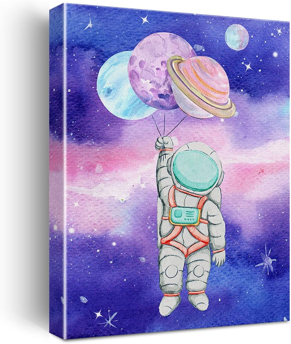 AAzaqTin-Outer Space Canvas Wall Art Watercolor Planet Astronaut Canvas ...
