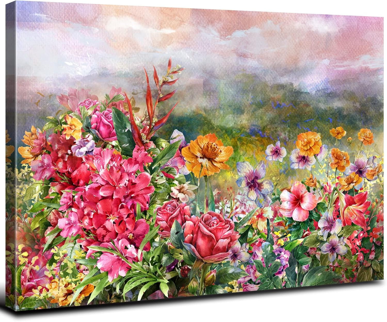 AAzaqTin-Rose Flower Canvas Wall Art, Colorful Pink Floral Landscape ...