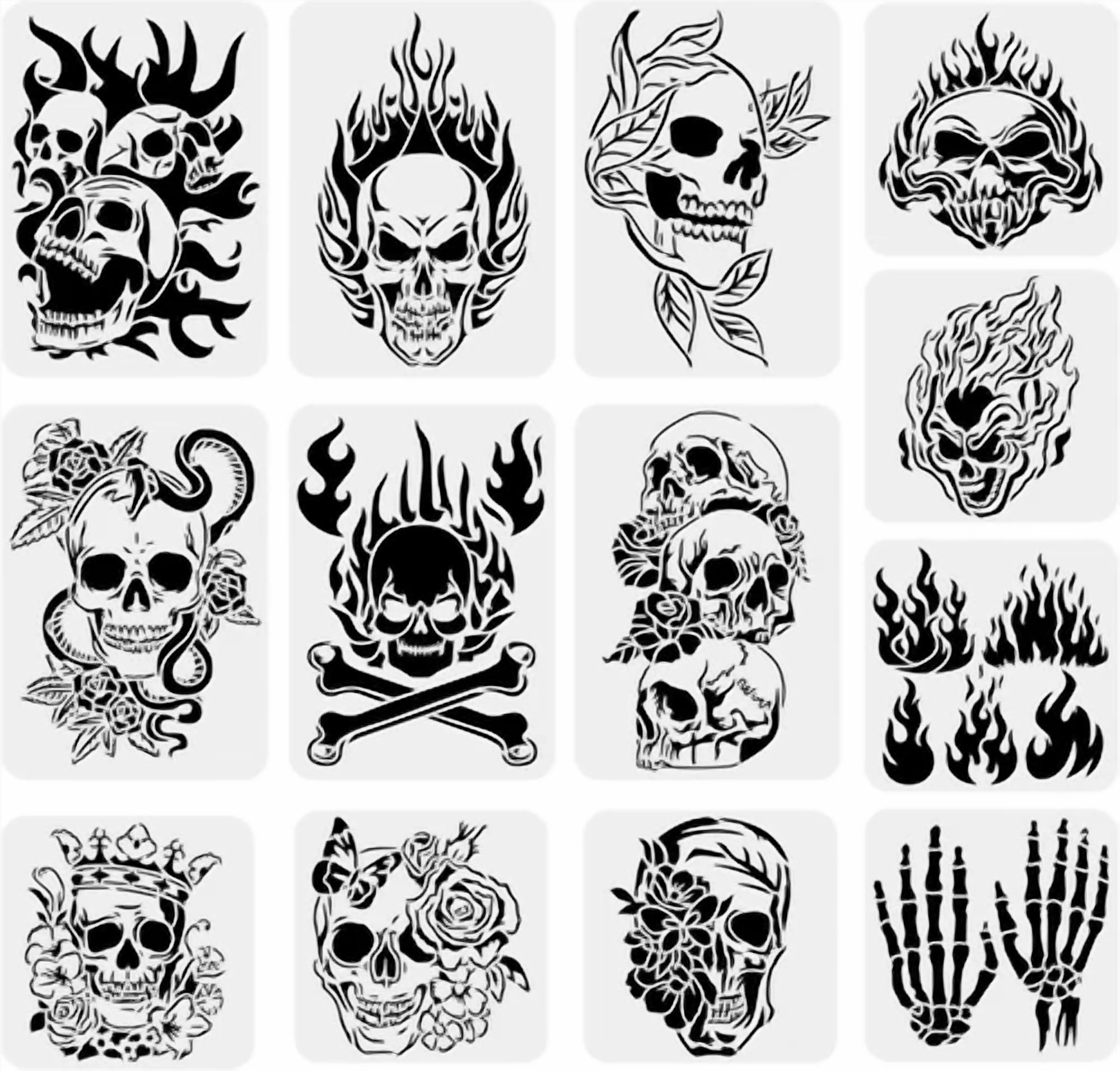 AB STAT 13PCS Skull Pattern Drawing Stencils, Skull Flame Scary ...