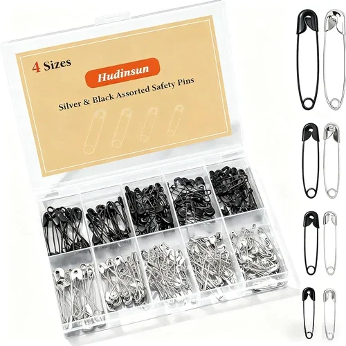 AB STAT 210 PCS 4 Different Sizes Silver and Black Safety Pins Assorted ...