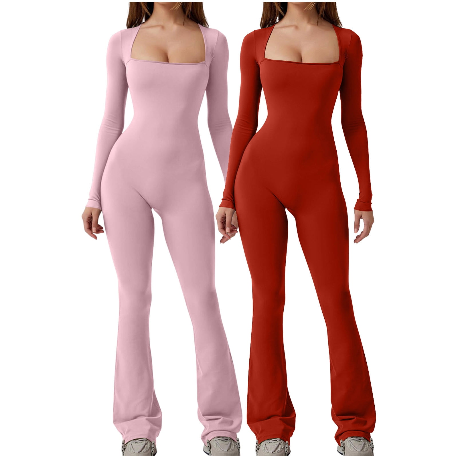 ABATAB 2PC Jumpsuit for Women Tight Long Sleeve Workout Seamless Yoga Leggings One Piece Bell ...