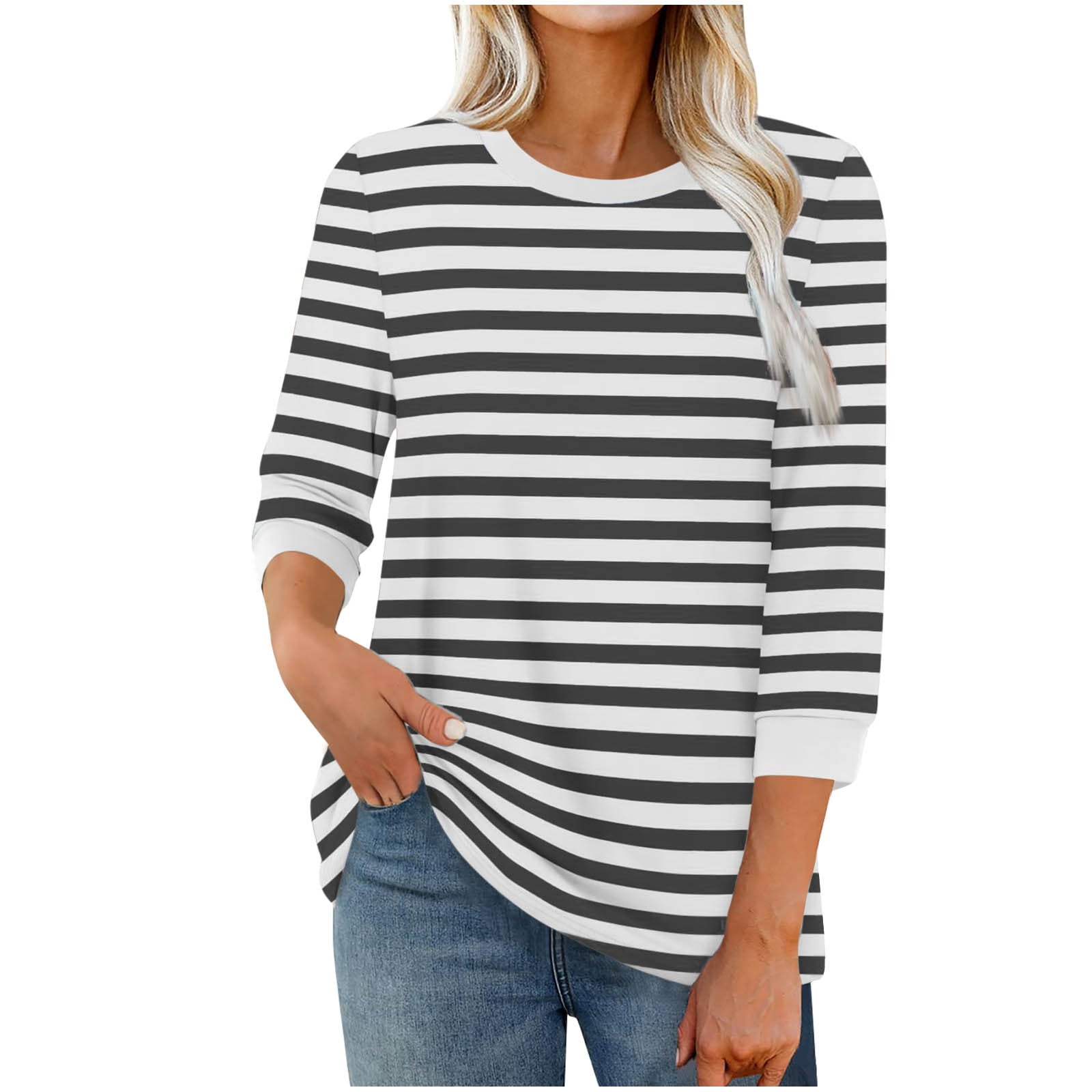 ABATAB 3/4 Sleeve Pullover Tops for Women Classic Stripe Printed Tunic ...