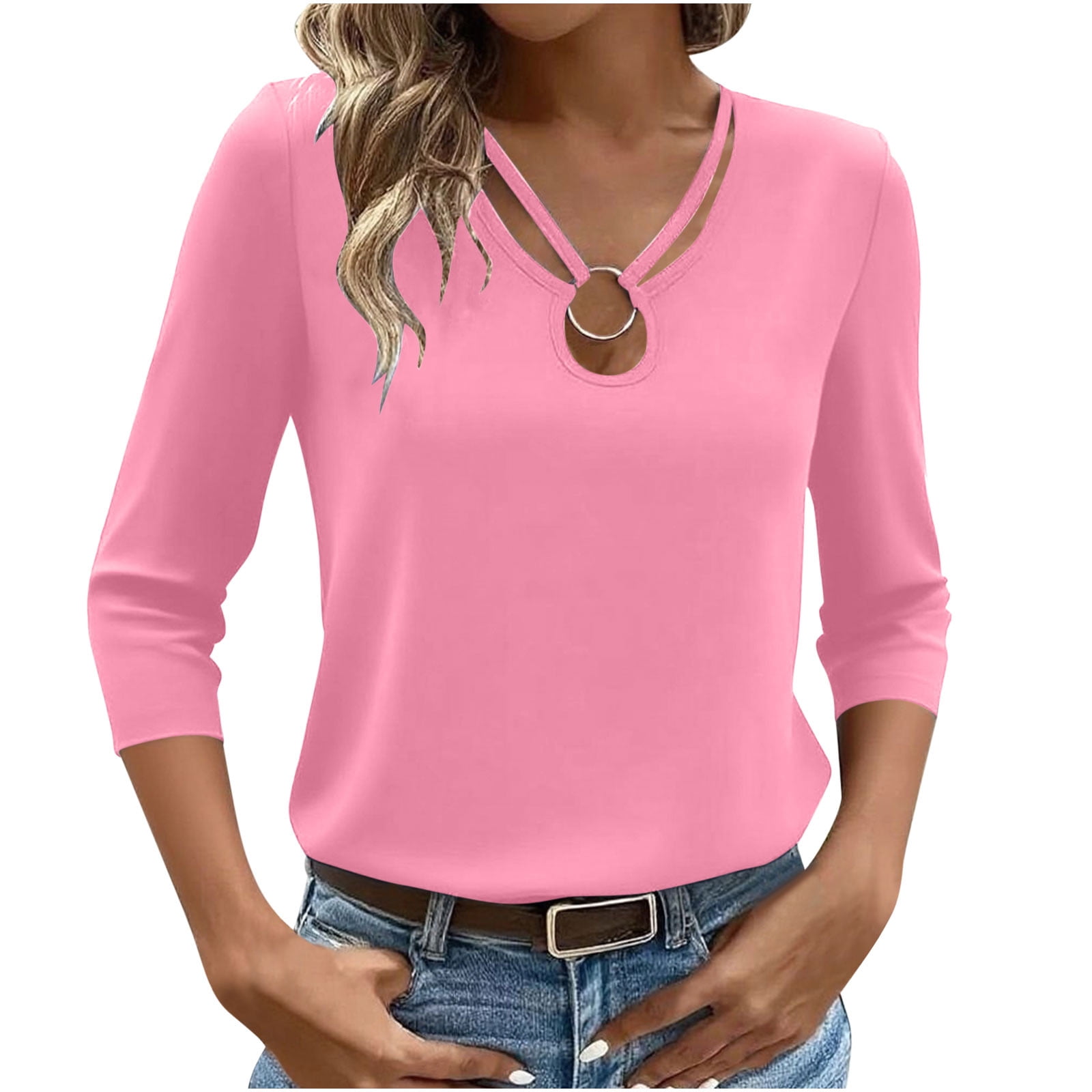 ABATAB 3/4 Sleeve Tops for Women Trendy Keyhole Shirts Casual Crew Neck ...