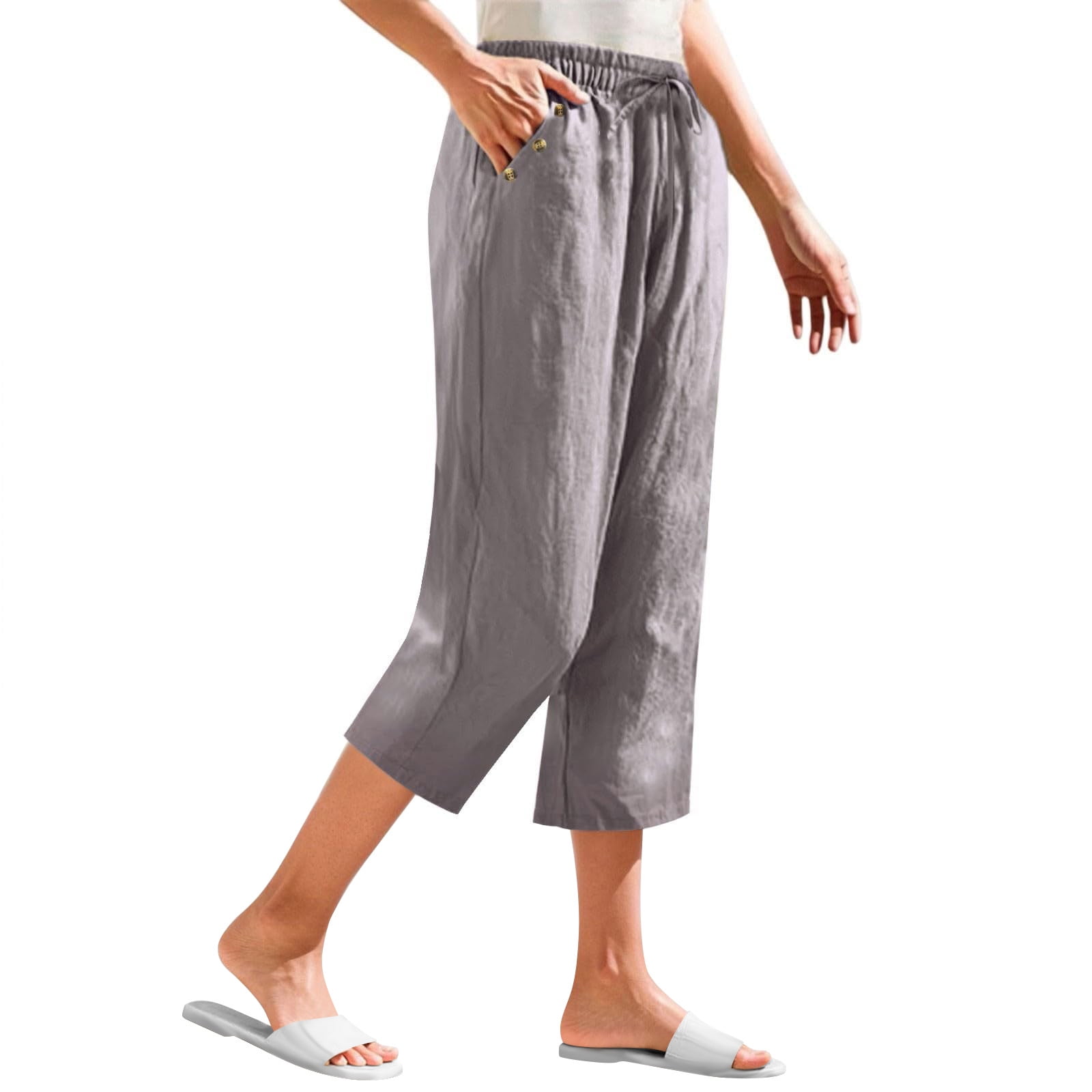 ABATAB Capri Pants for Women Casual Cotton Linen Button Capri Pants Loose Fit Drawstring Lounge ...