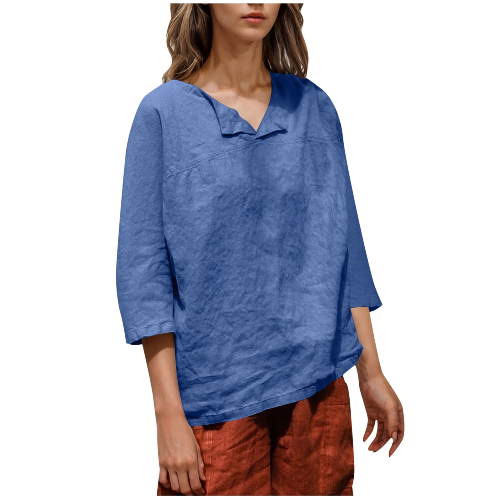 ABATAB Cotton Linen Shirts for Women Casual 3/4 Sleeve V-Neck Pullover ...