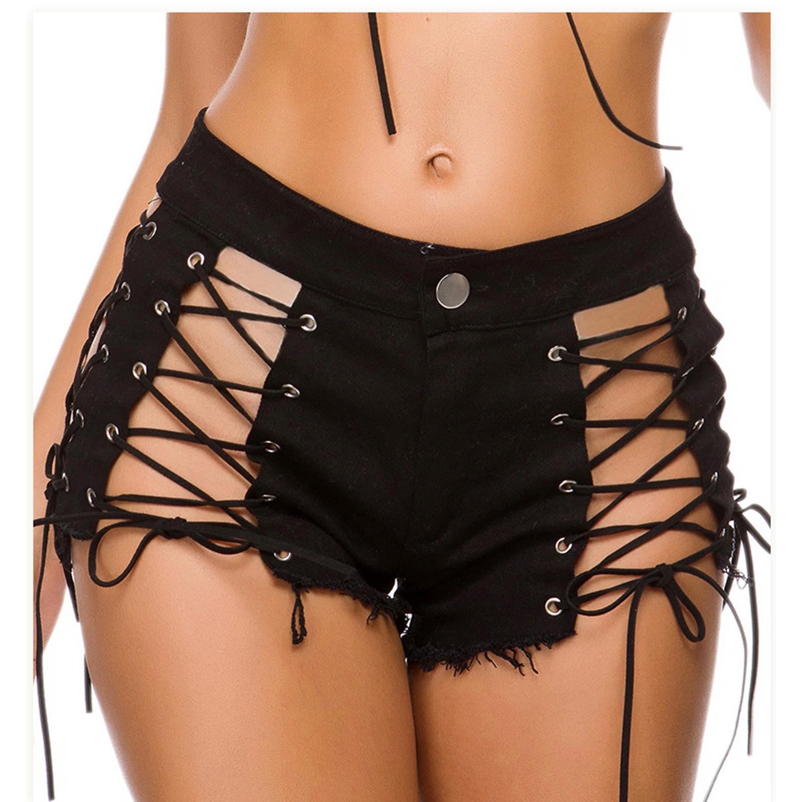Abatab Denim Shorts Women Frayed Stretch Lace Up Jean Shorts Mini Hot 6350