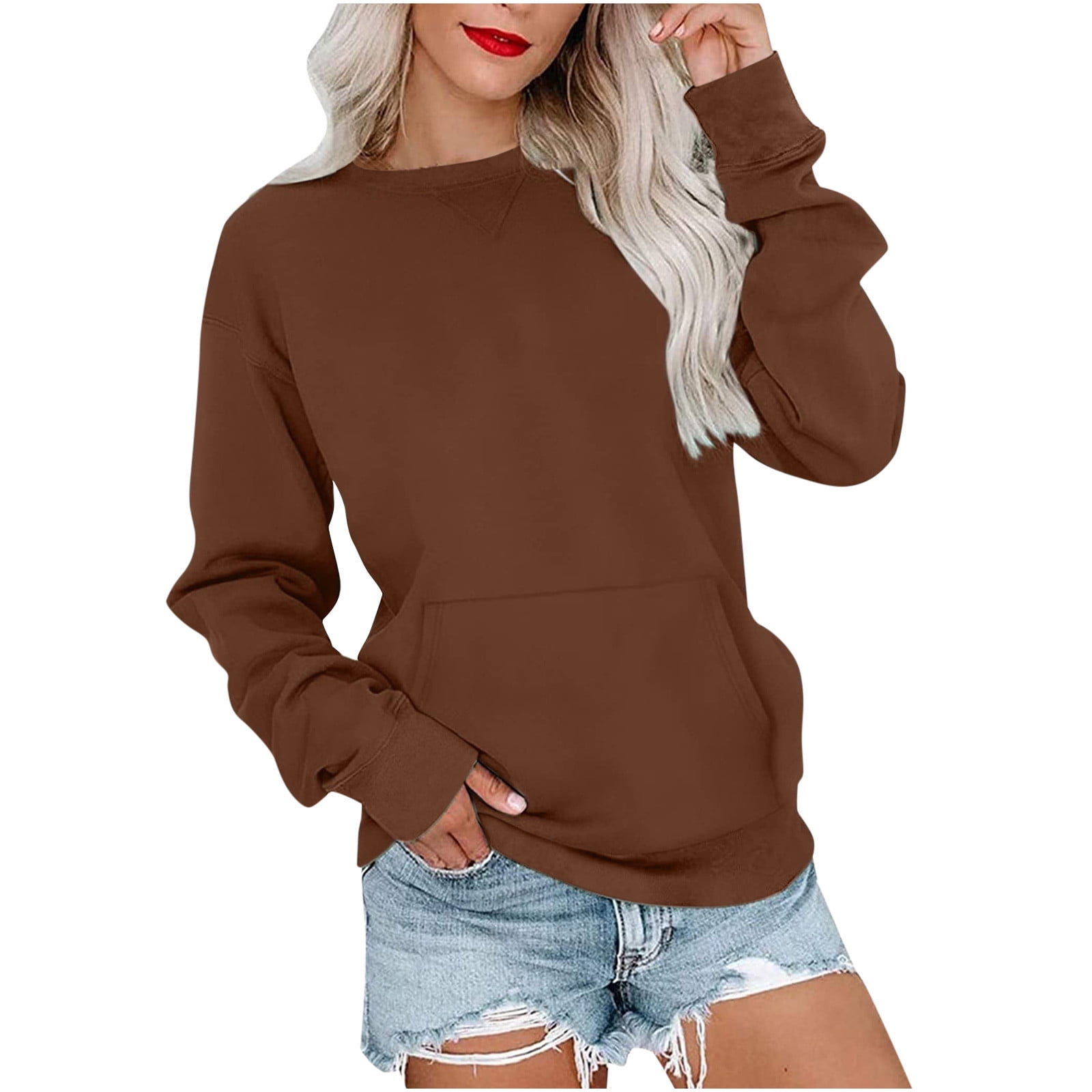 ABATAB Fleece Sweatshirts for Women Casual Long Sleeve Basic Crew Neck ...