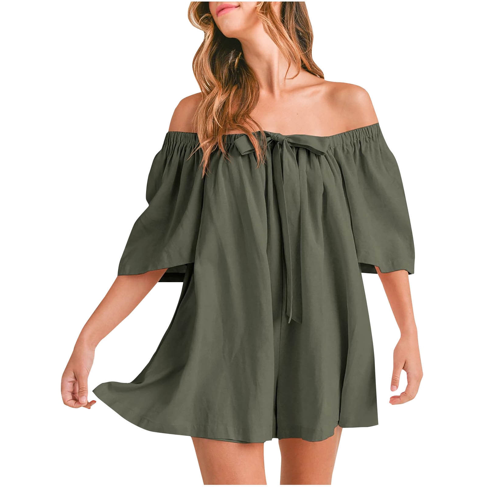 ABATAB Flowy Rompers for Women off Shoulder Short Sleeve Wide Leg Loose ...
