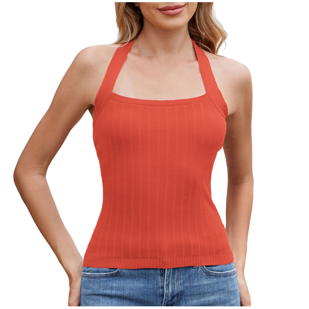 ABATAB Halter Tops for Women Summer Ribbed Tank Top Casual Camisole Shirts Solid Sleeveless ...