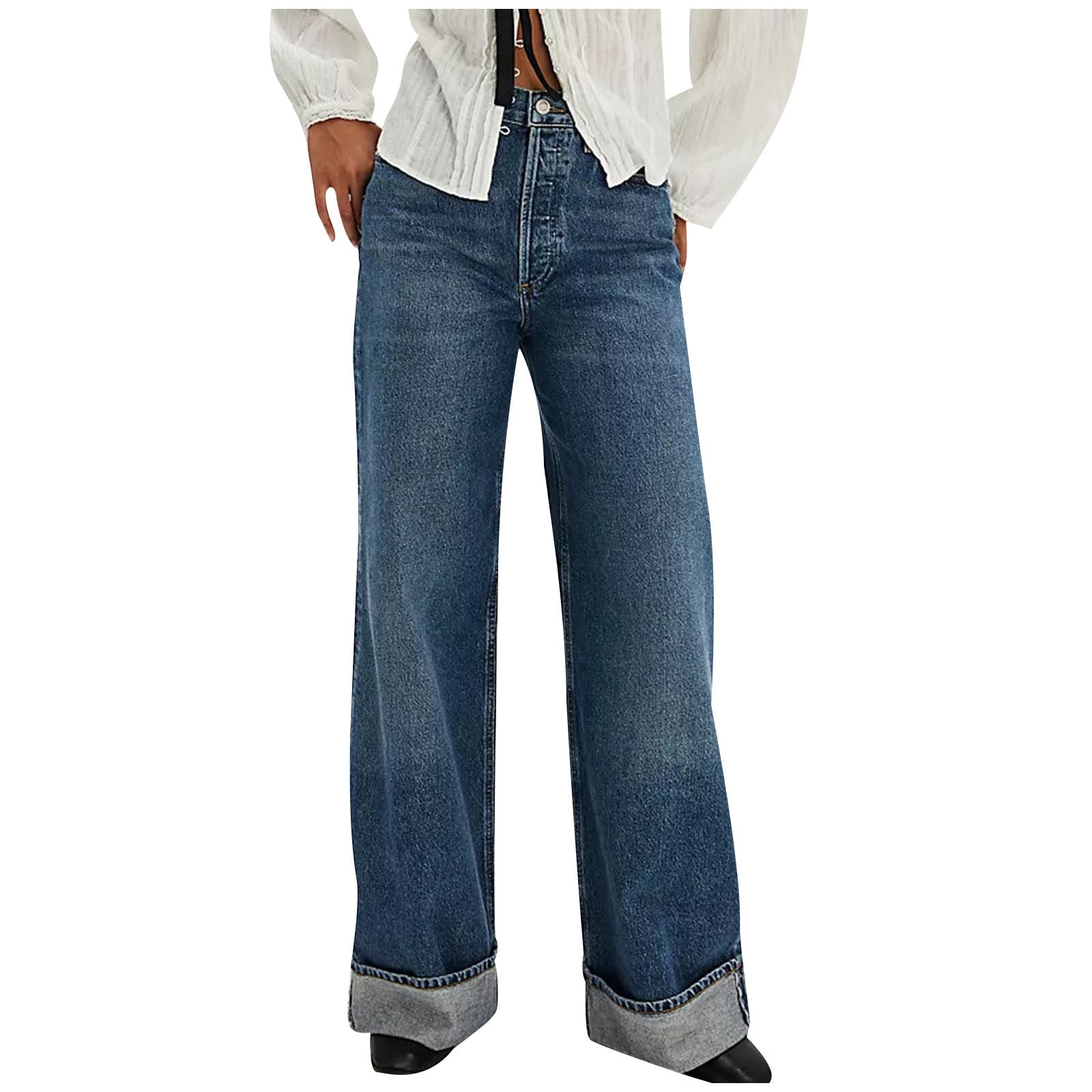 ABATAB Jeans for Women Wide Leg Loose fit Jeans Pants Strechy Baggy Folded Hem Trendy Denim ...