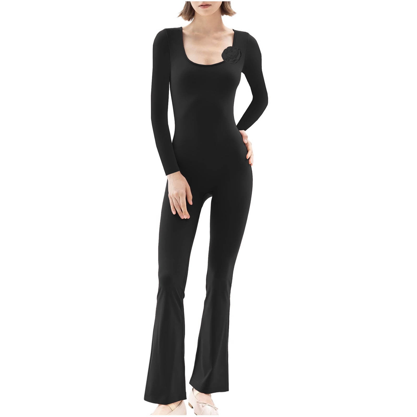 ABATAB Jumpsuit for Women Long Sleeve Scoop Neck Flare Leggings Romper ...