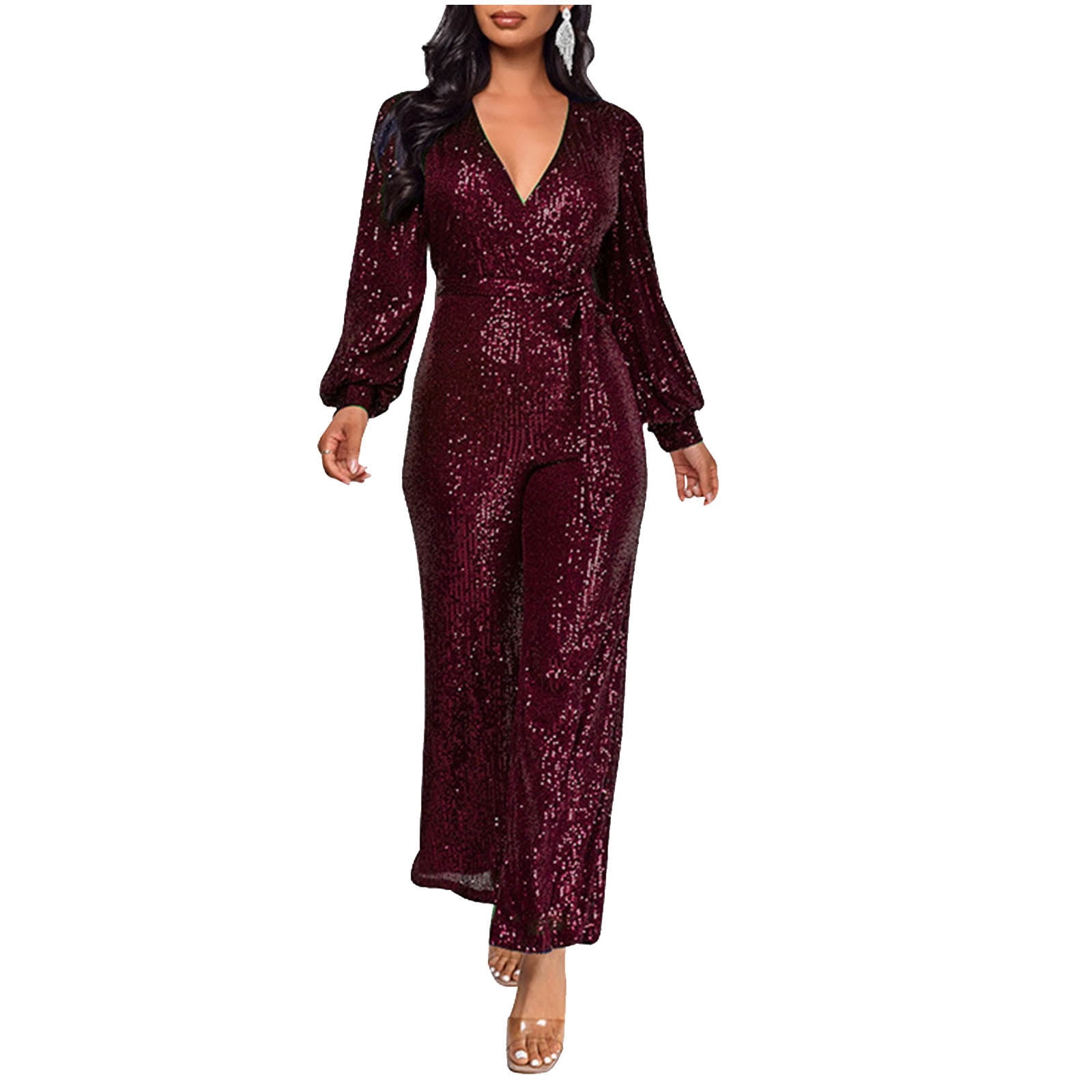 ABATAB Jumpsuits for Women Sparkly Dressy Long Sleeve Sequin Rompers V ...