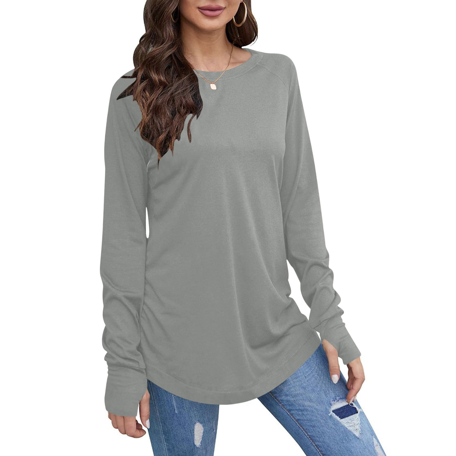 ABATAB Long Sleeve Pullover Tops for Women Casual Crew Neck Plain Long ...