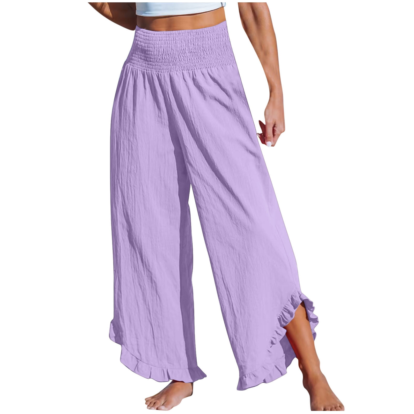 ABATAB Pants for Women Smocked Waist Wide Leg Ruffle Cuffs Pants Loose ...