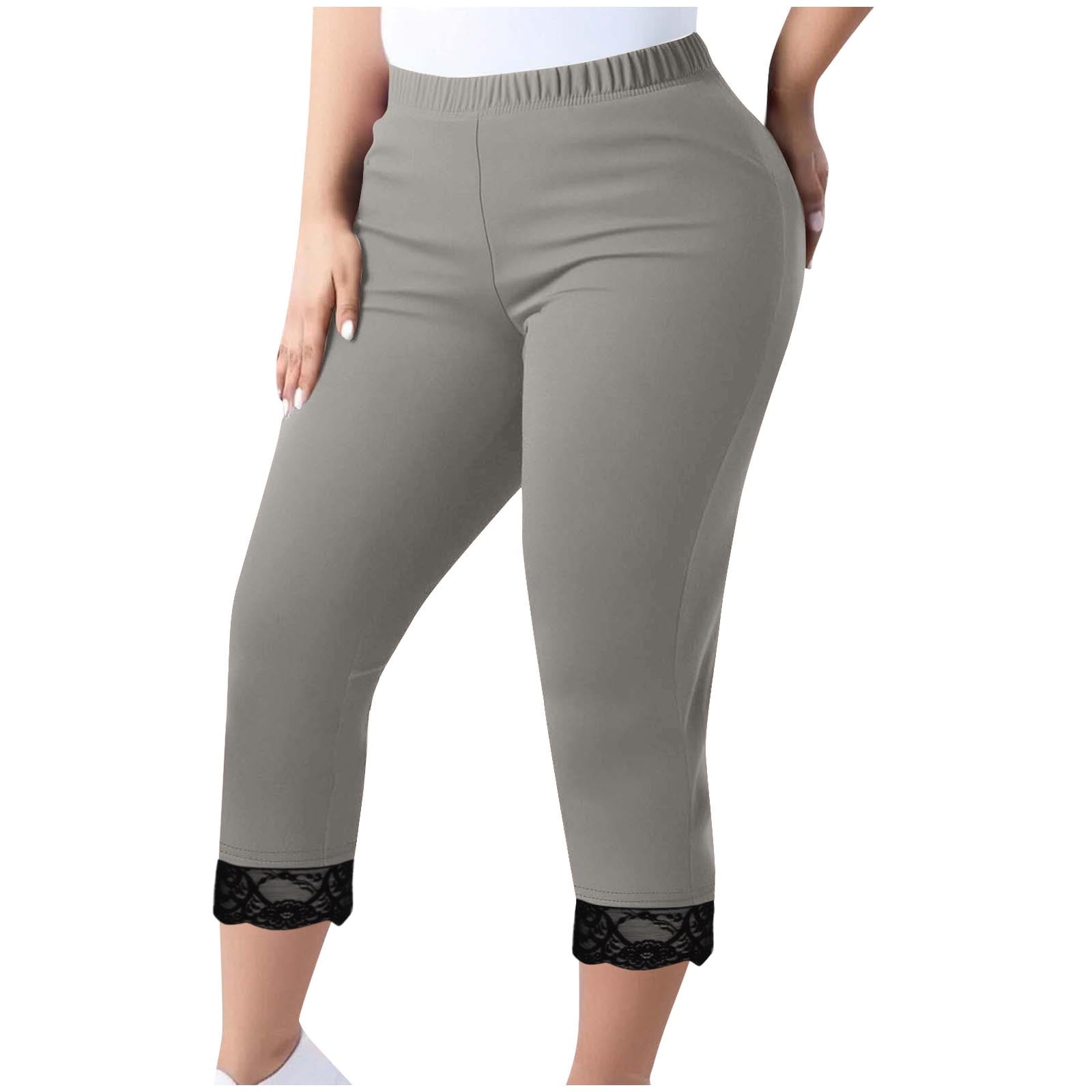 ABATAB Plus Size Capri Pants for Women Lace Trim Elastic Waist Slim Fit ...