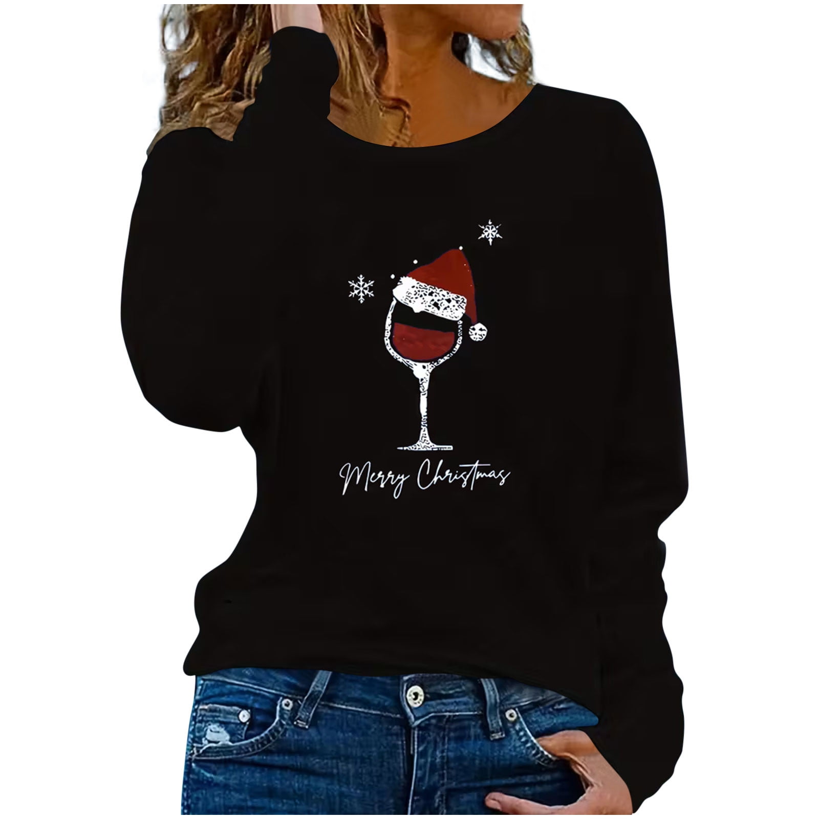 ABATAB Plus Size Christmas Sweatshirts for Women Red Wine Glass Graphic ...