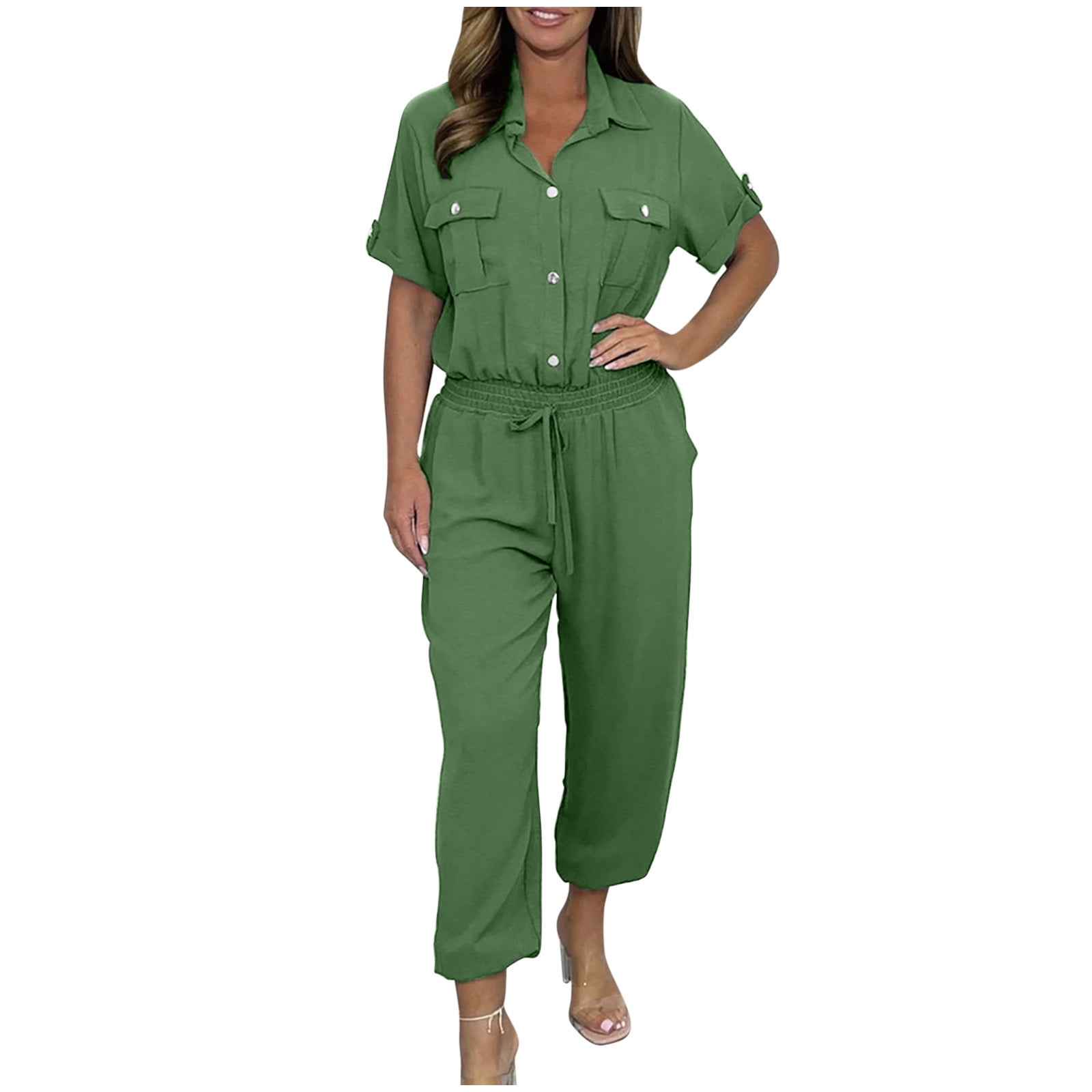 ABATAB Plus Size Jumpsuit for Women Short Sleeve Button down Rompers ...