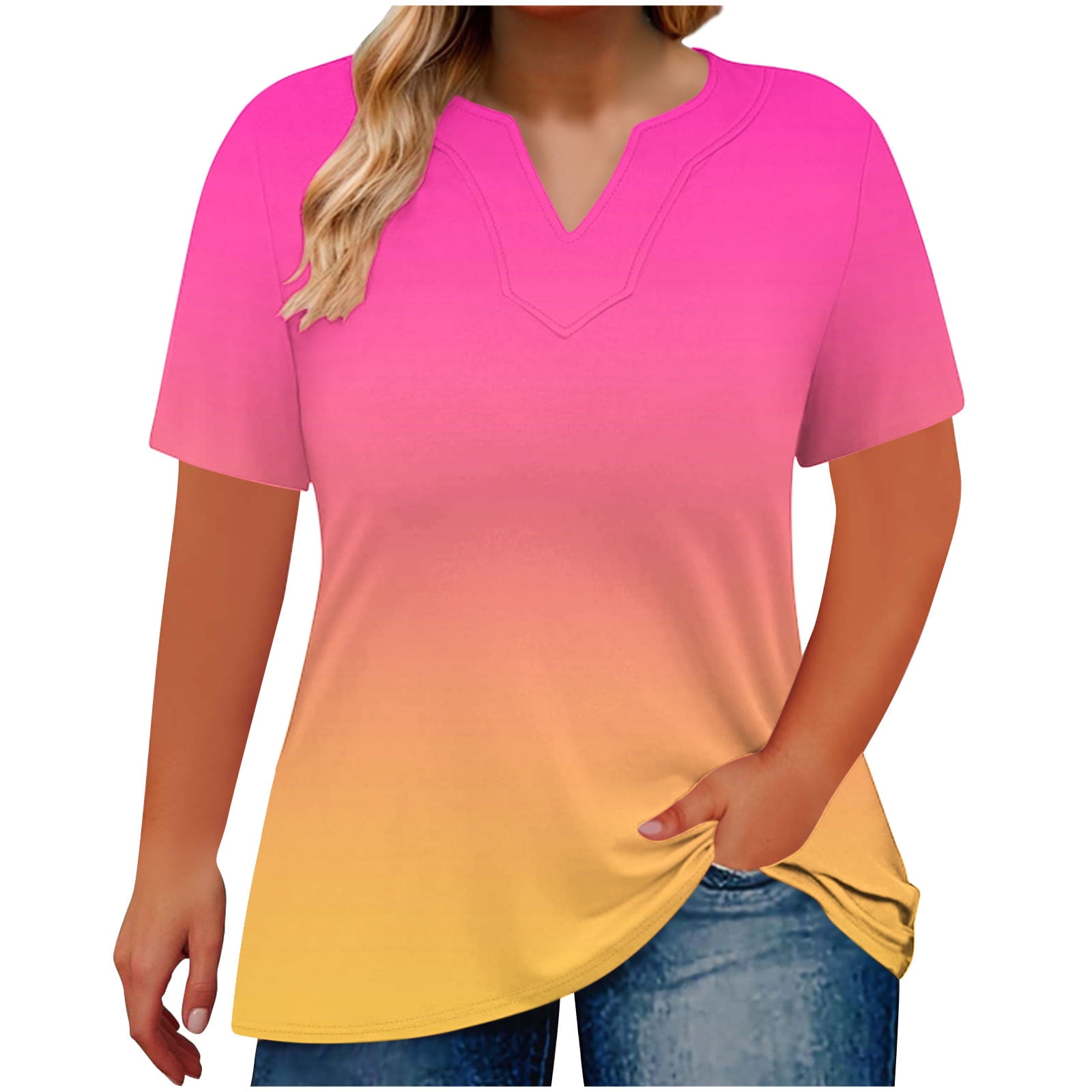 ABATAB Plus Size Tops for Women Short Sleeve Casual Tunics Gradient V ...