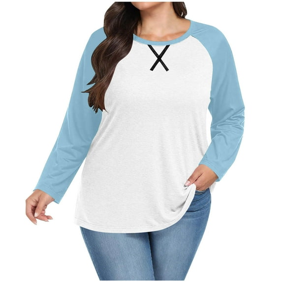 ABATAB Plus Size Womens Long Sleeve Shirts Color Block Casual Crewneck ...