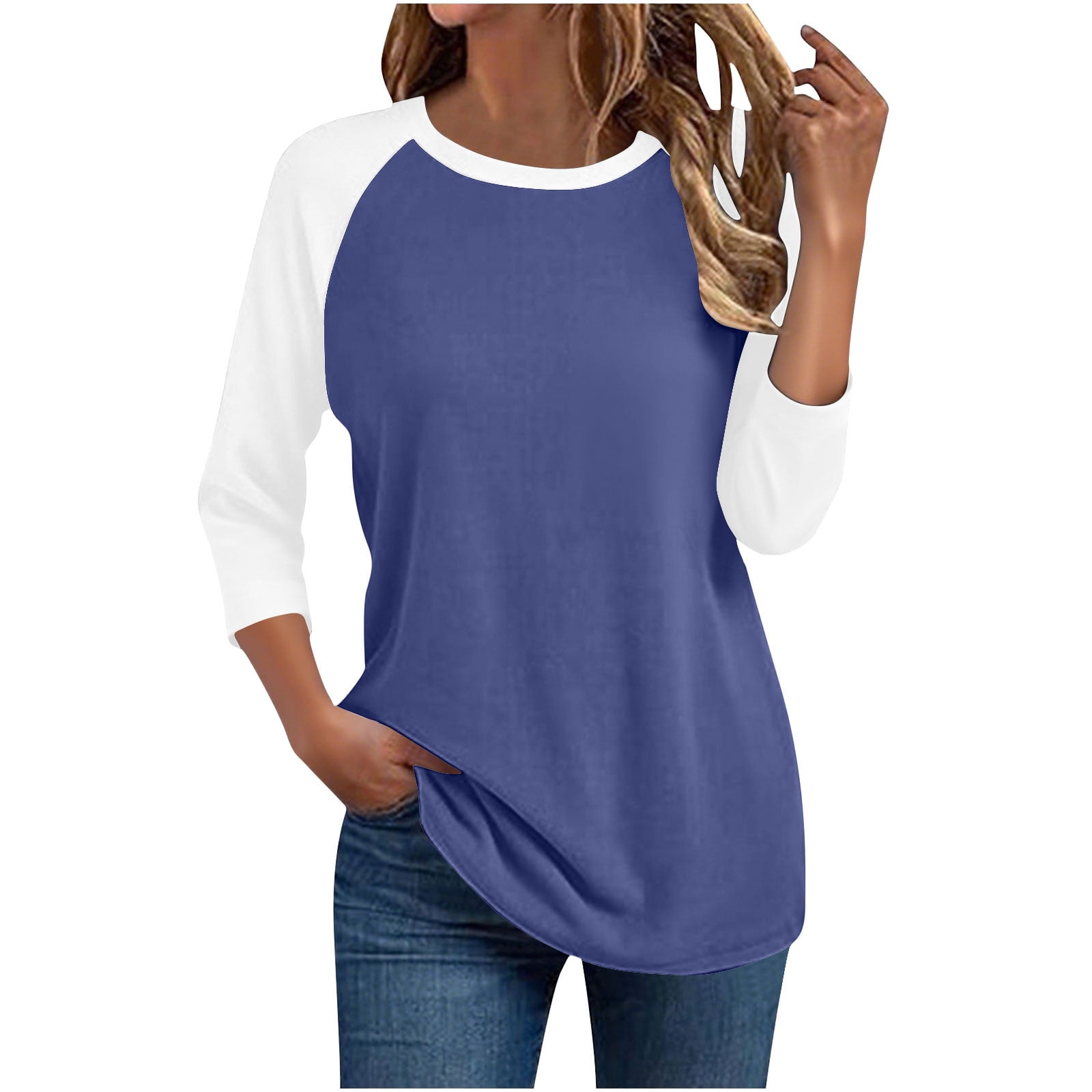ABATAB Plus Size Womens Long Sleeve Shirts Color Block Crewneck Tunics ...