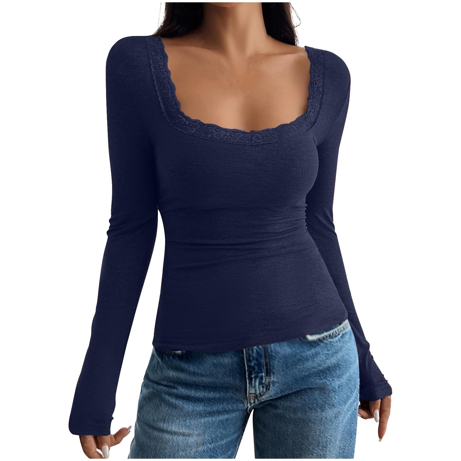 ABATAB Ribbed Knitted Tops for Women Casual Long Sleeve Square Neck Layering Shirts Solid Color ...