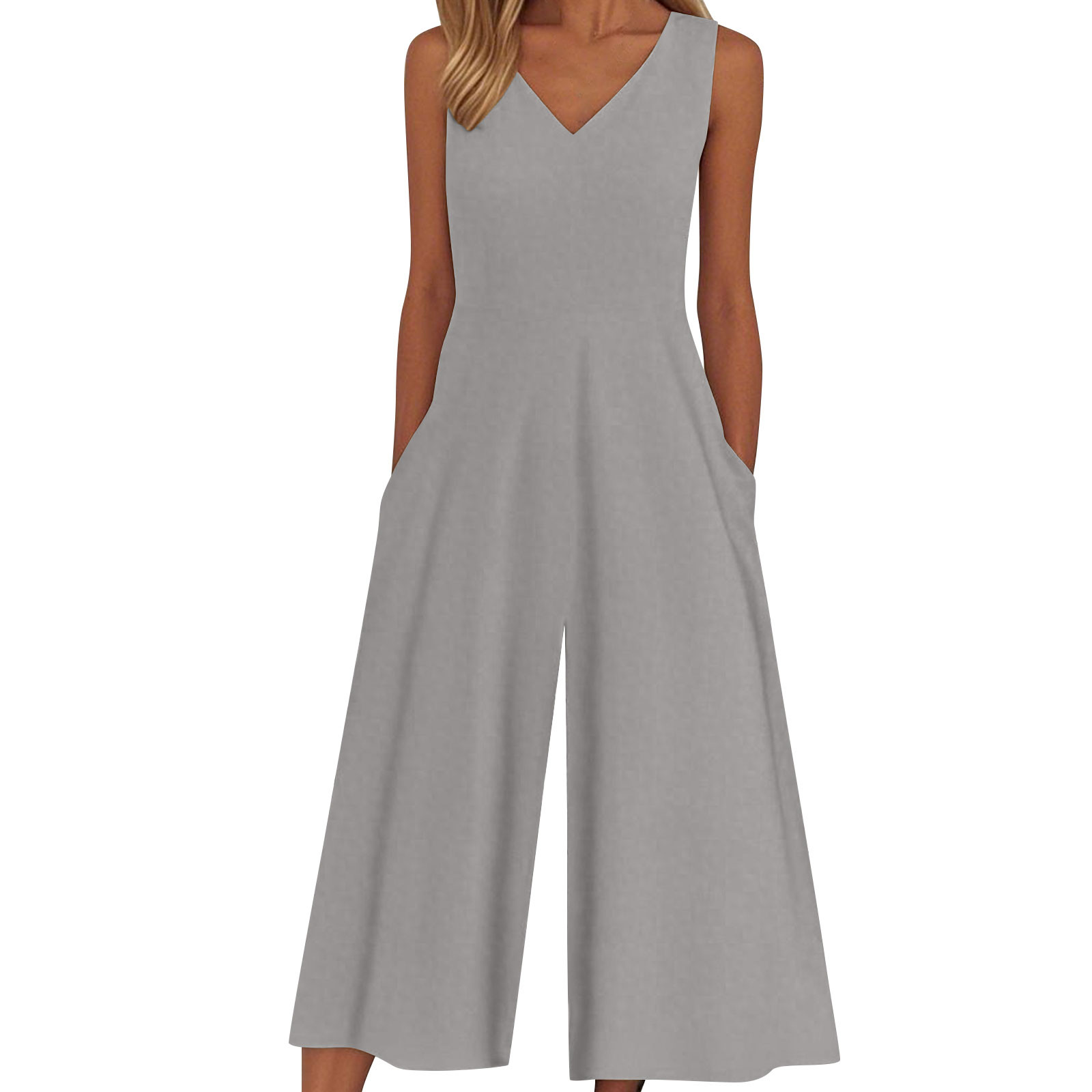 ABATAB Rompers for Women Loose Fit Wide Leg Jumpsuits with Pockets V ...