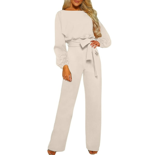 ABATAB Rompers for Women Round Neck Long Sleeve Bow Tie Goga Romper ...