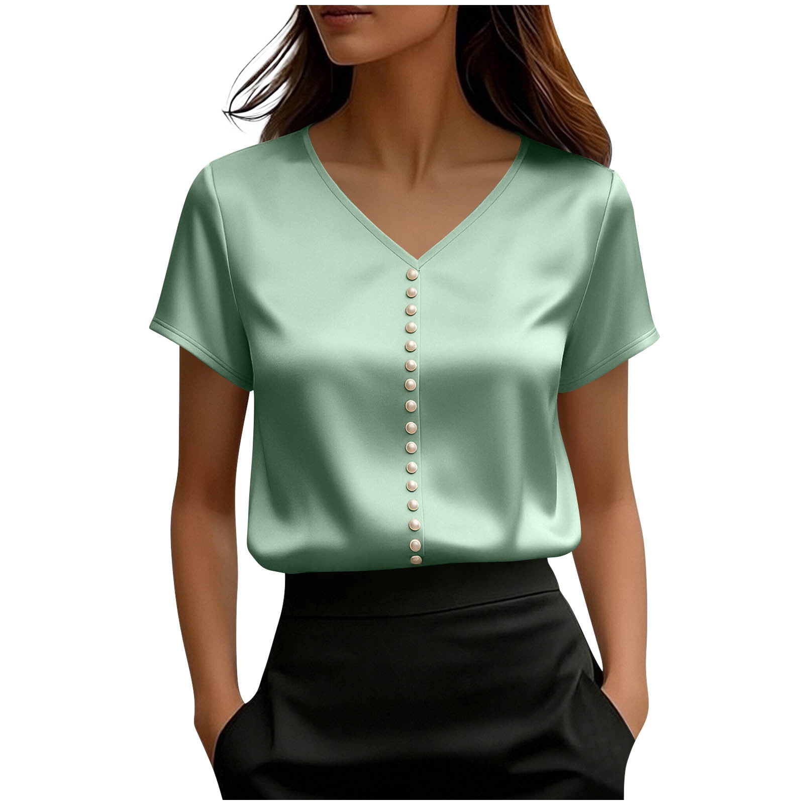 ABATAB Satin Blouses for Women Silk V Neck Short Sleeve Soft Tops ...