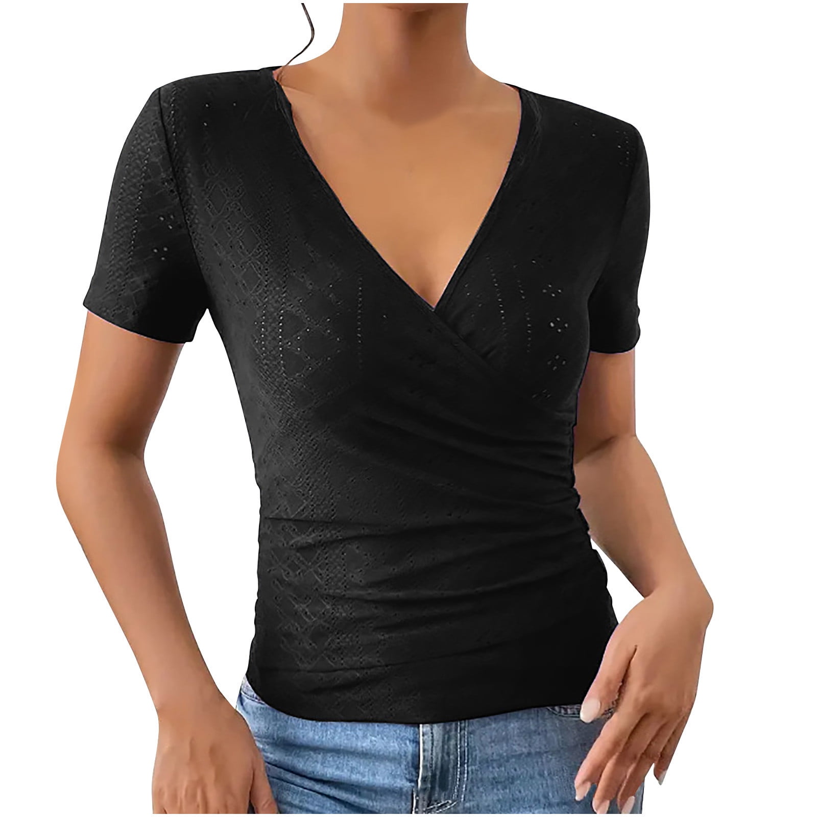 ABATAB Short Sleeve Shirts for Women Summer Fashion V Neck Basics Tops ...