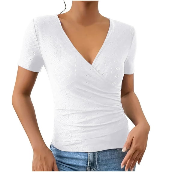 ABATAB Short Sleeve Shirts for Women Summer Fashion V Neck Basics Tops ...