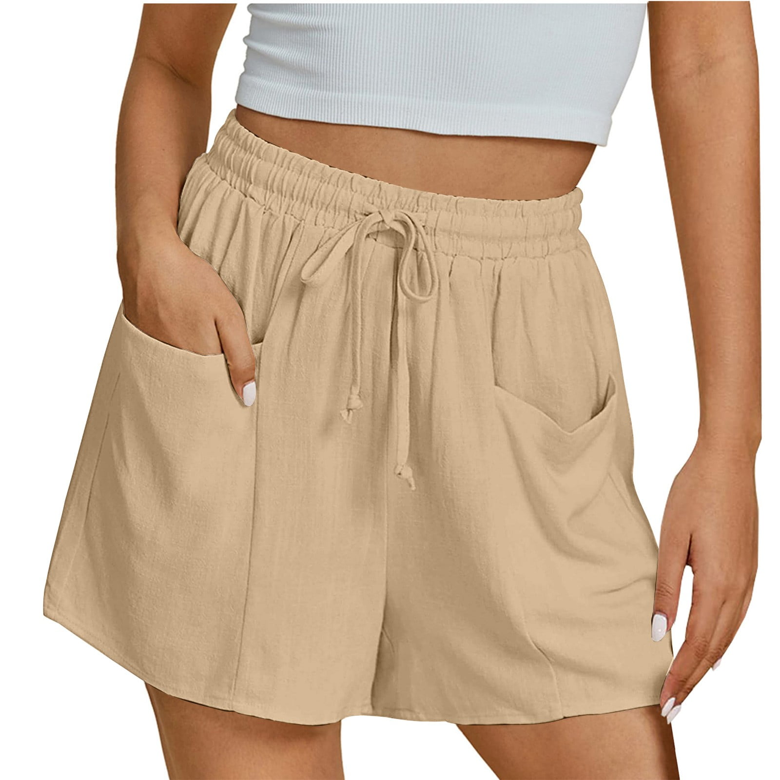 ABATAB Shorts for Women Solid Color Elastic Waist Casual Shorts ...
