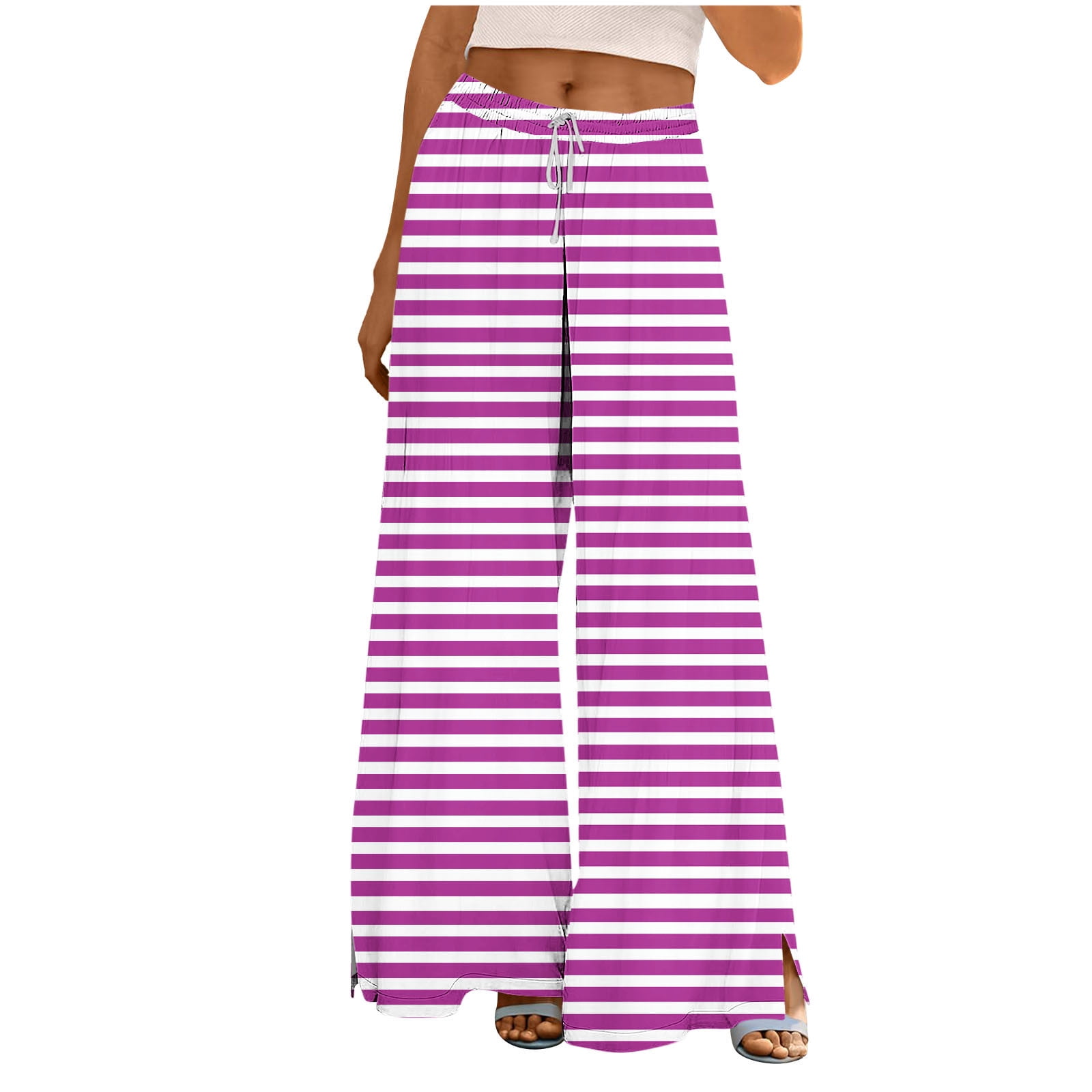 ABATAB Striped Wide Leg Pants Woman Low Waisted Pull on Slacks Casual ...