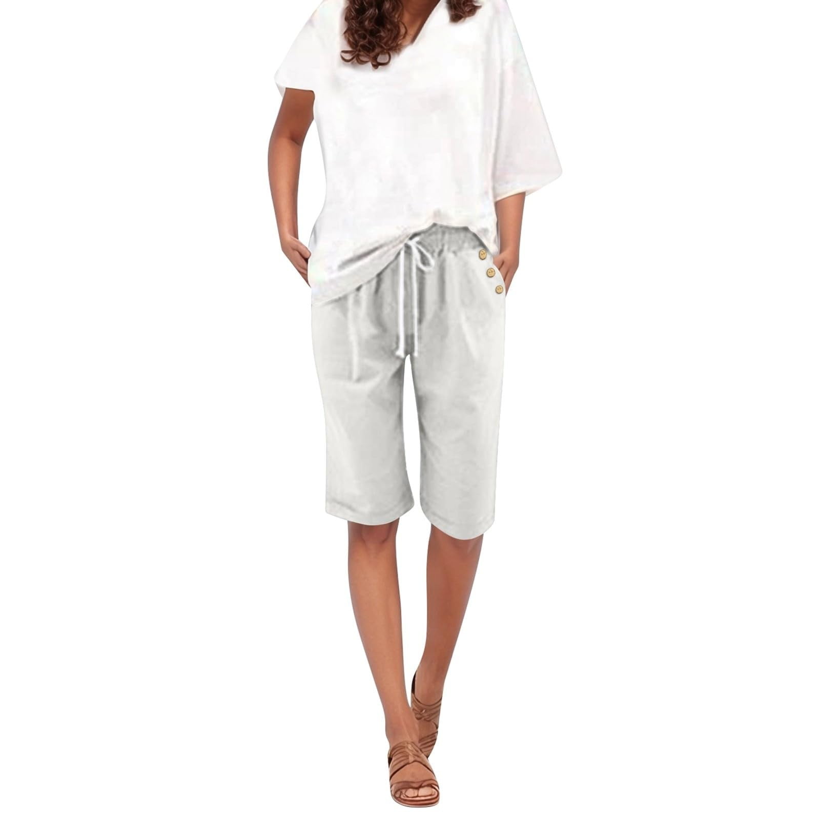 ABATAB Summer Capri Pants for Women Cotton Linen Loose Cropped Trousers ...