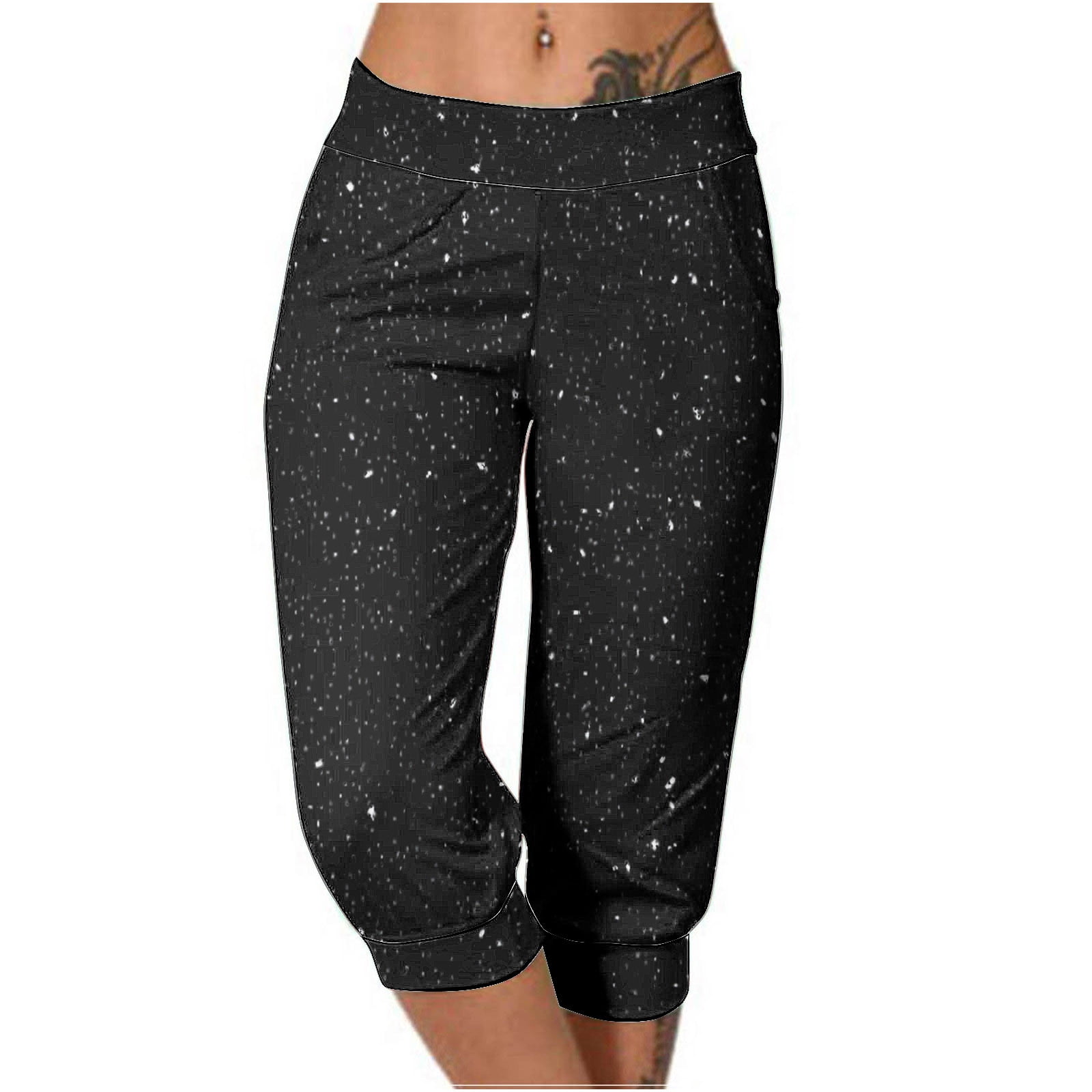 ABATAB Summer Capri Pants for Women Glitter Elastic Waist Sequin Crop ...