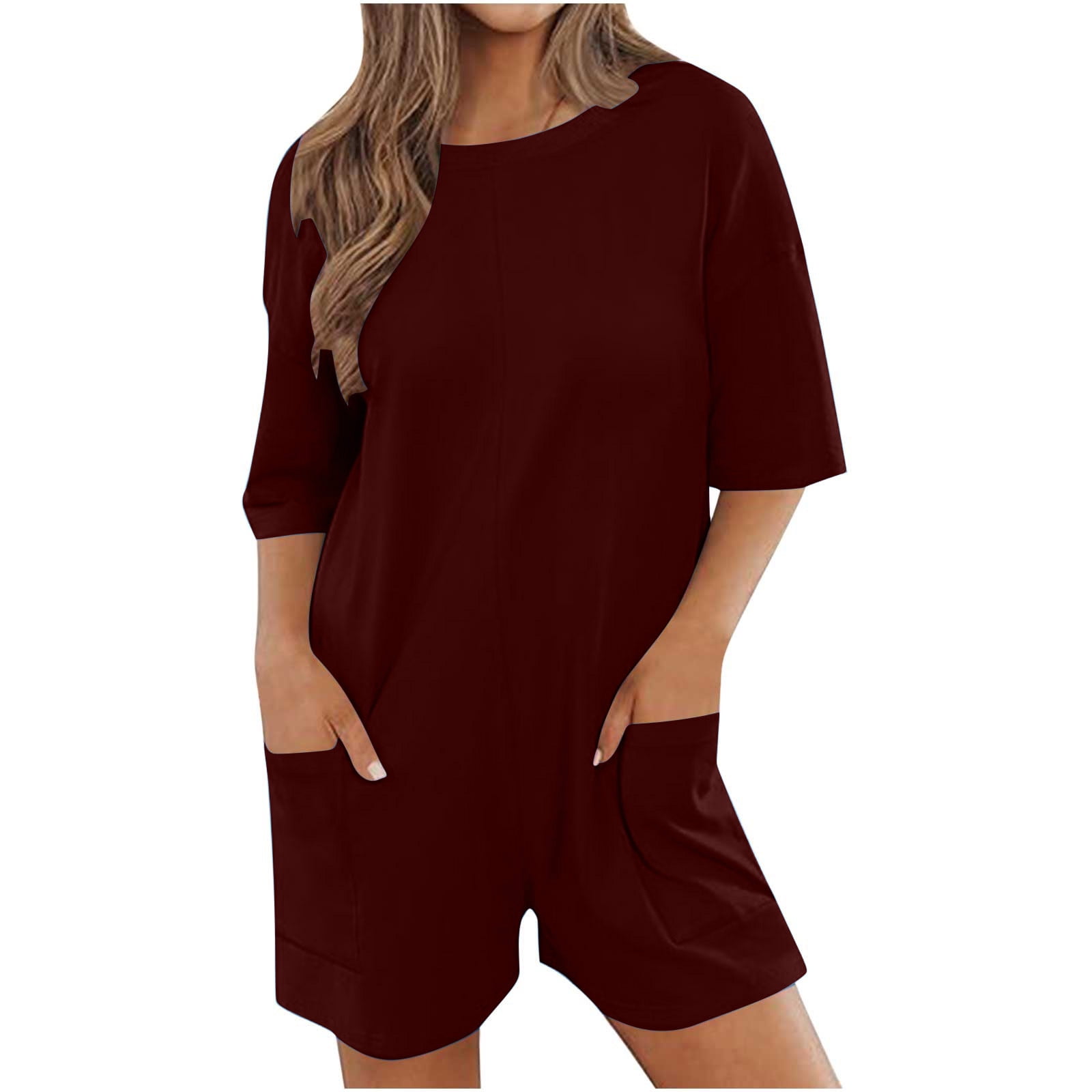 ABATAB Summer Rompers for Women Half Sleeve Crewneck Baggy Wide Leg ...