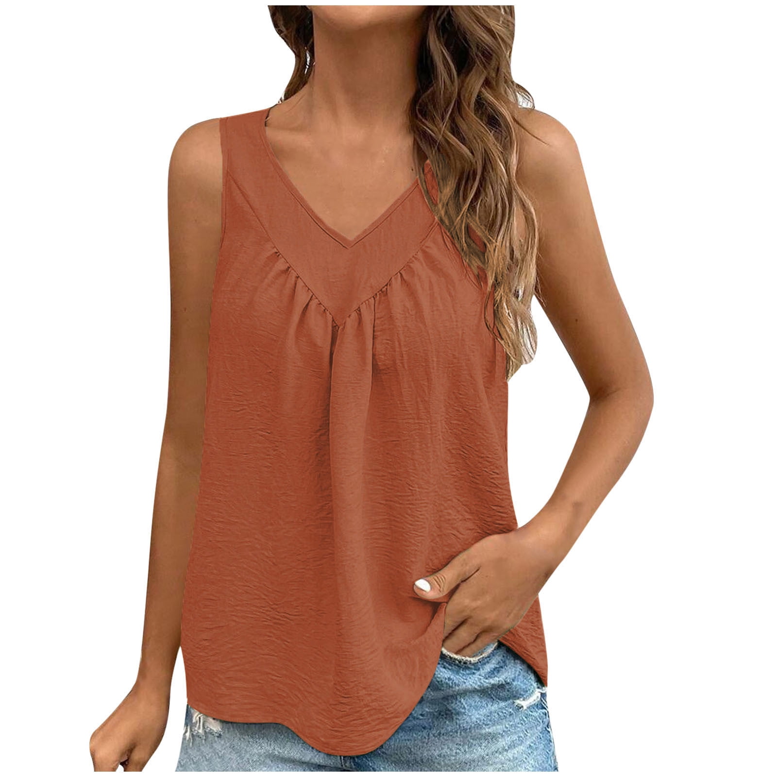 ABATAB Tank Top Women Casual Summer V Neck Sleeveless Tee Shirt Ruched ...