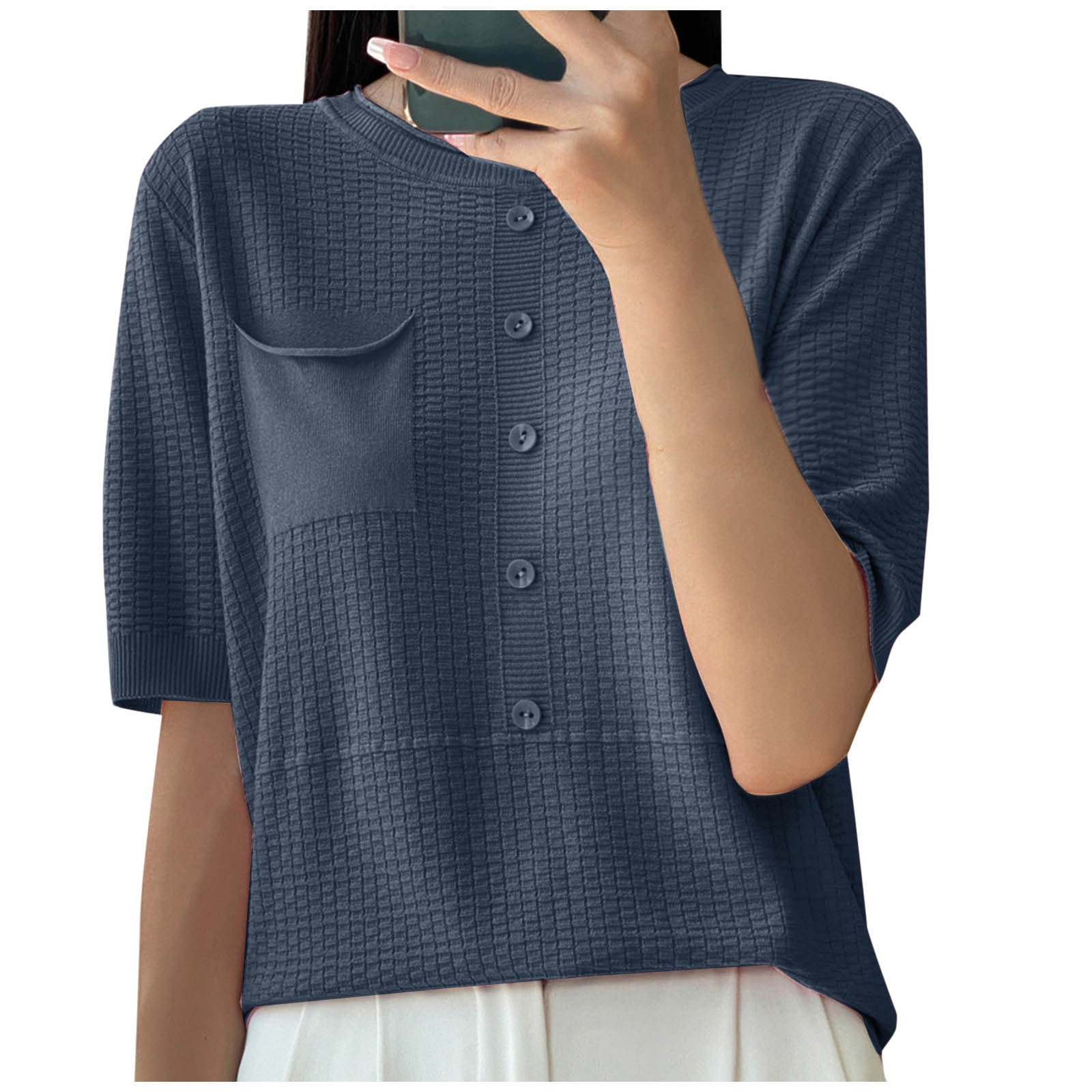 ABATAB Tops for Womens Trendy Short Sleeve Sweater Tops Crewneck Button ...