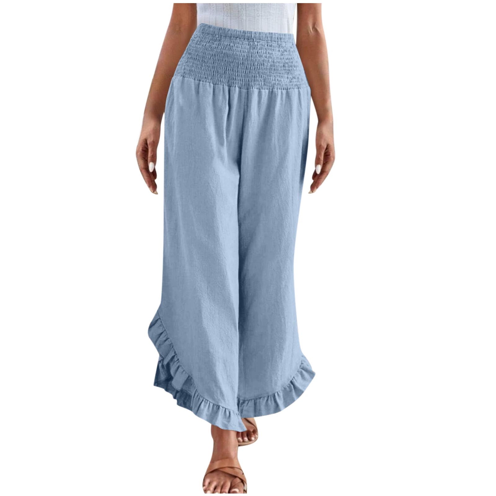ABATAB Women Pants Smocked Waist Wide Leg Loose Fit Pants Ruffle Hem ...