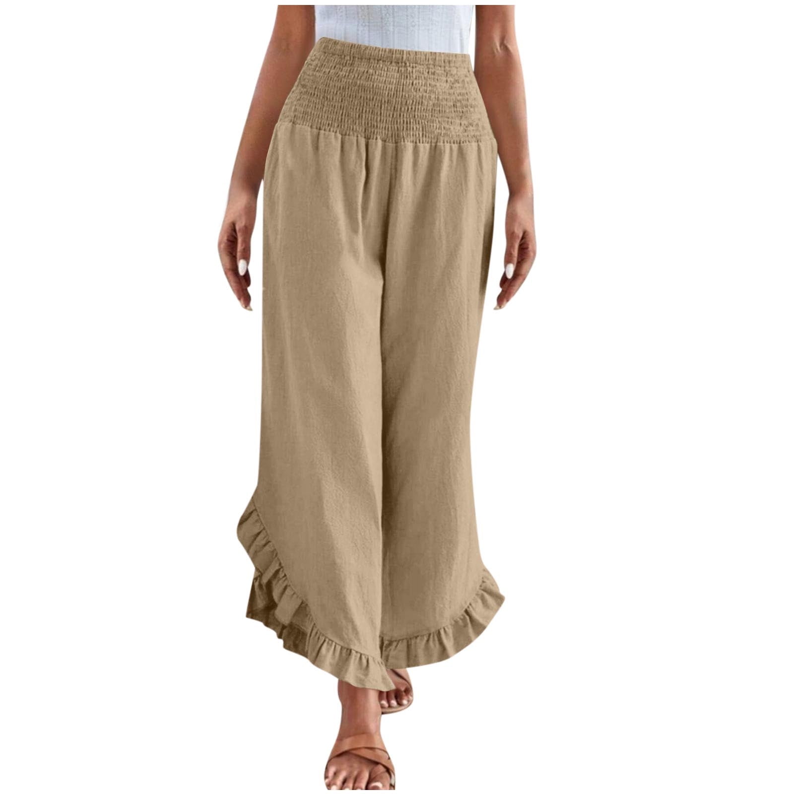 ABATAB Women Pants Smocked Waist Wide Leg Loose Fit Pants Ruffle Hem ...