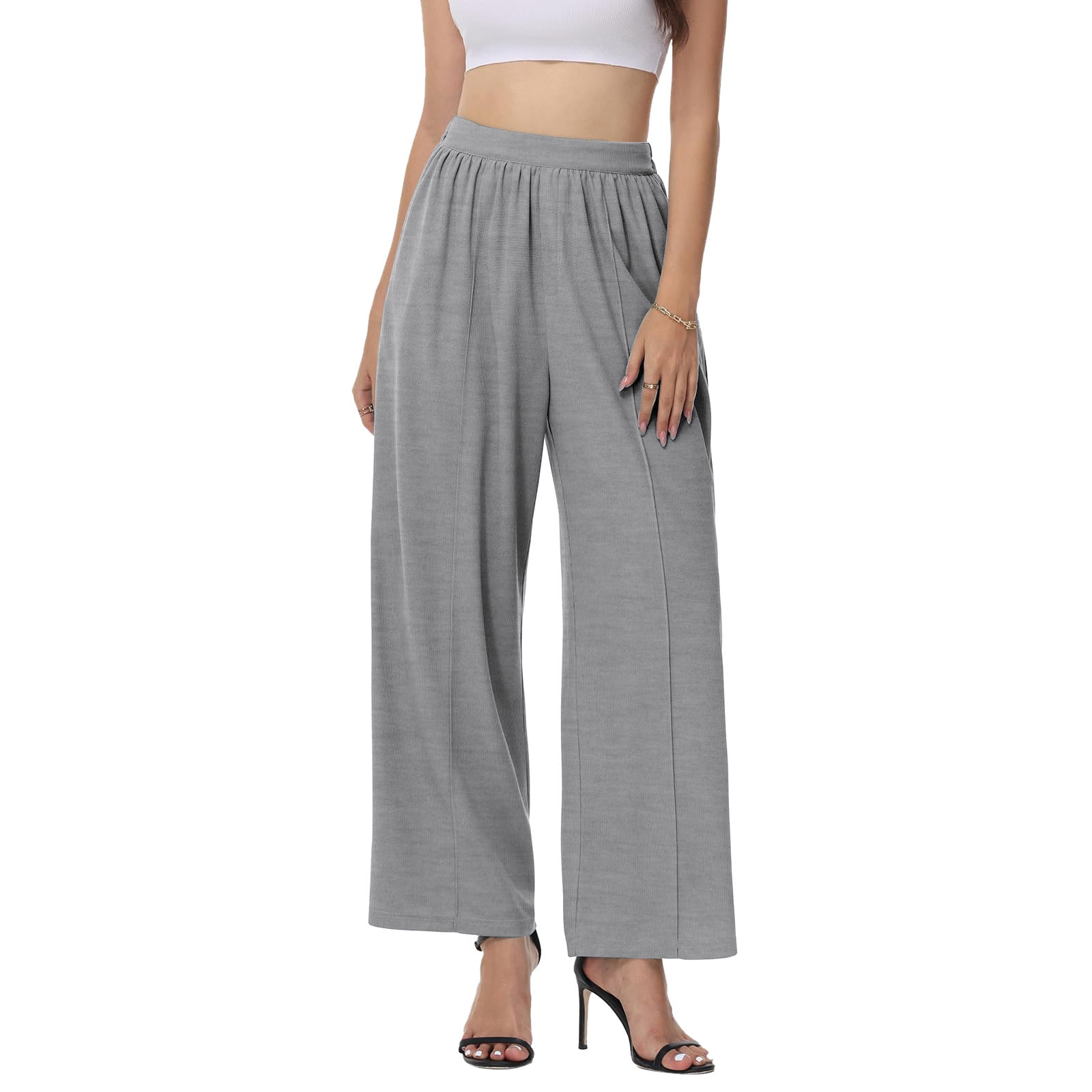 ABATAB Women Summer Pants Wide Leg High Waisted Solid Loose Fit Slacks ...