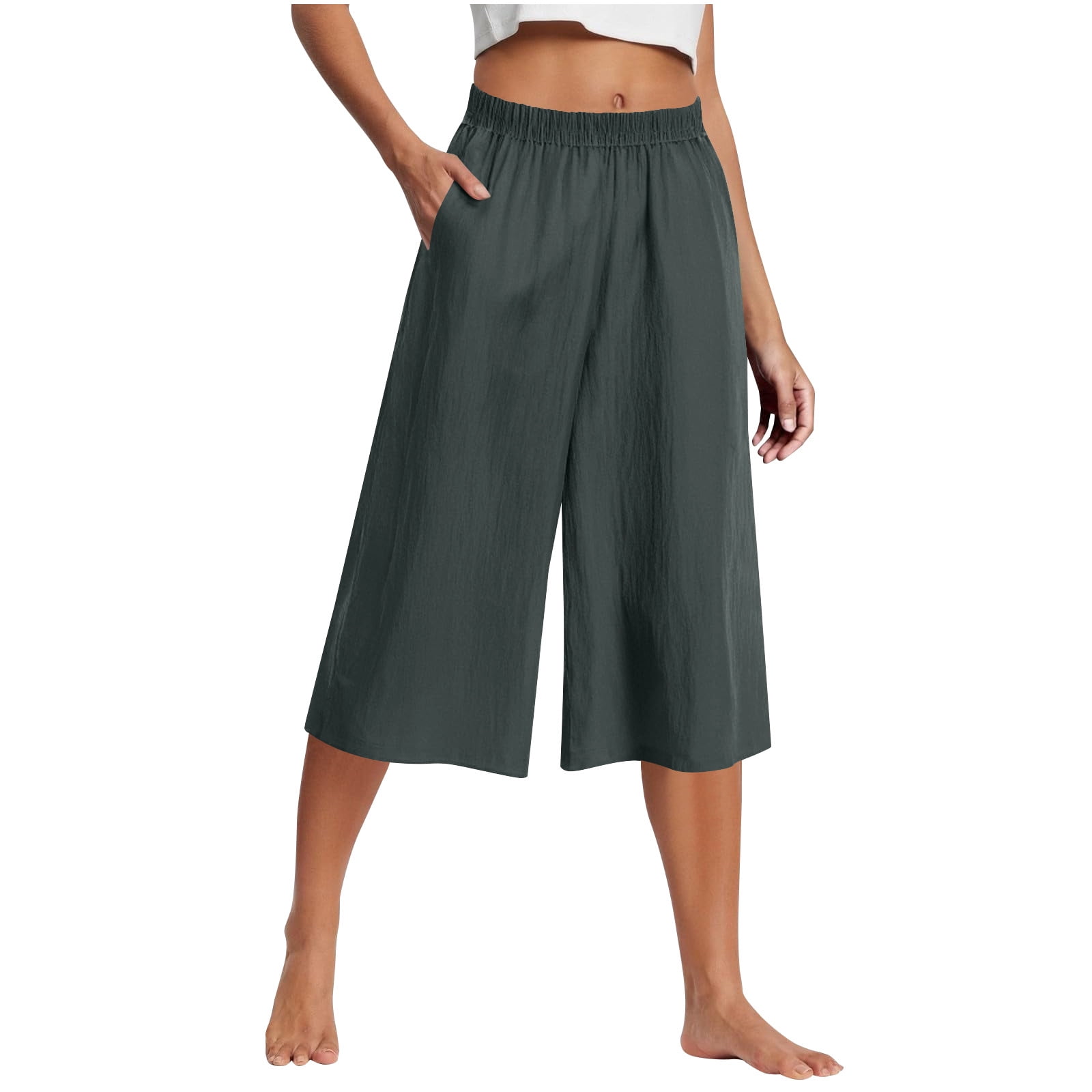 ABATAB Women's Summer Palazzo Capris Wide Leg Elastic Waisted Crop ...